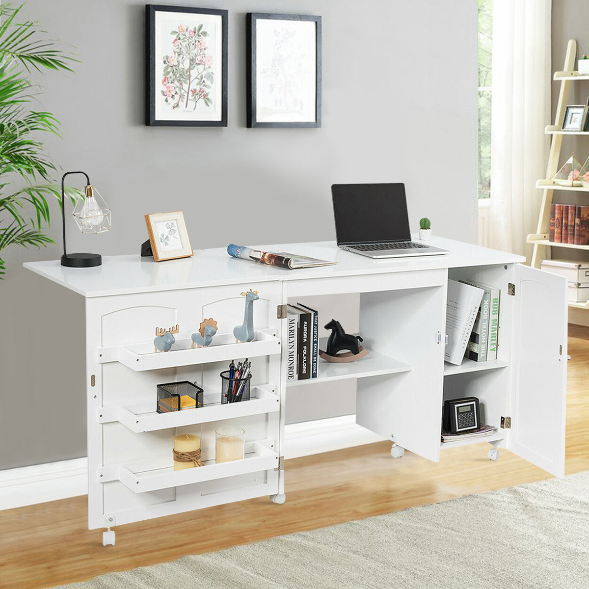 FRESCOLY Folding Sewing Table Storage Cabinet Craft Cart with Wheels ...