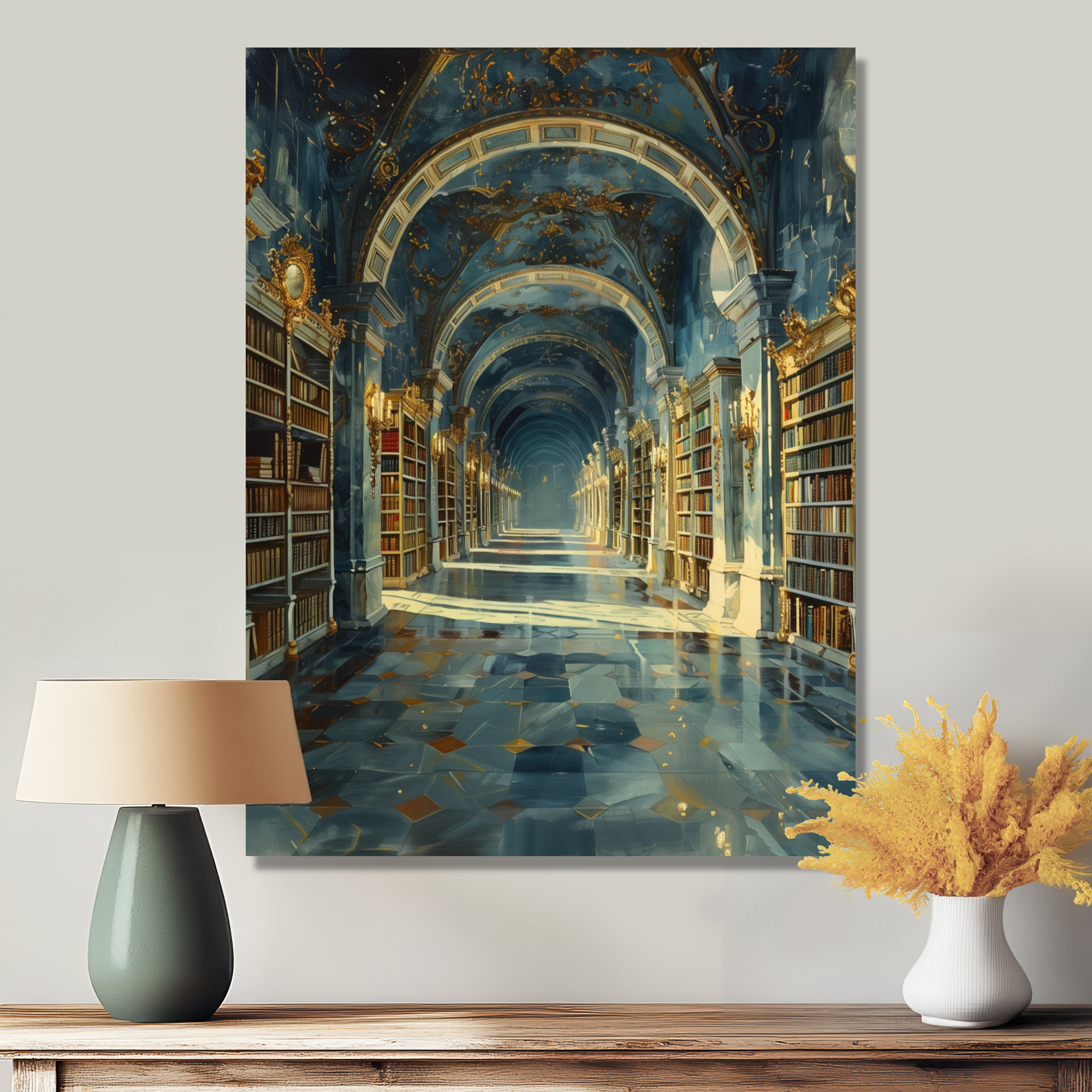 Design Art Gold Blue Historic Bookshelves Library - Libraries Wall Art ...