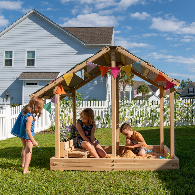 Funphix Dig n Play Wooden Sandbox Playhouse with Bench & Flower Planter ...