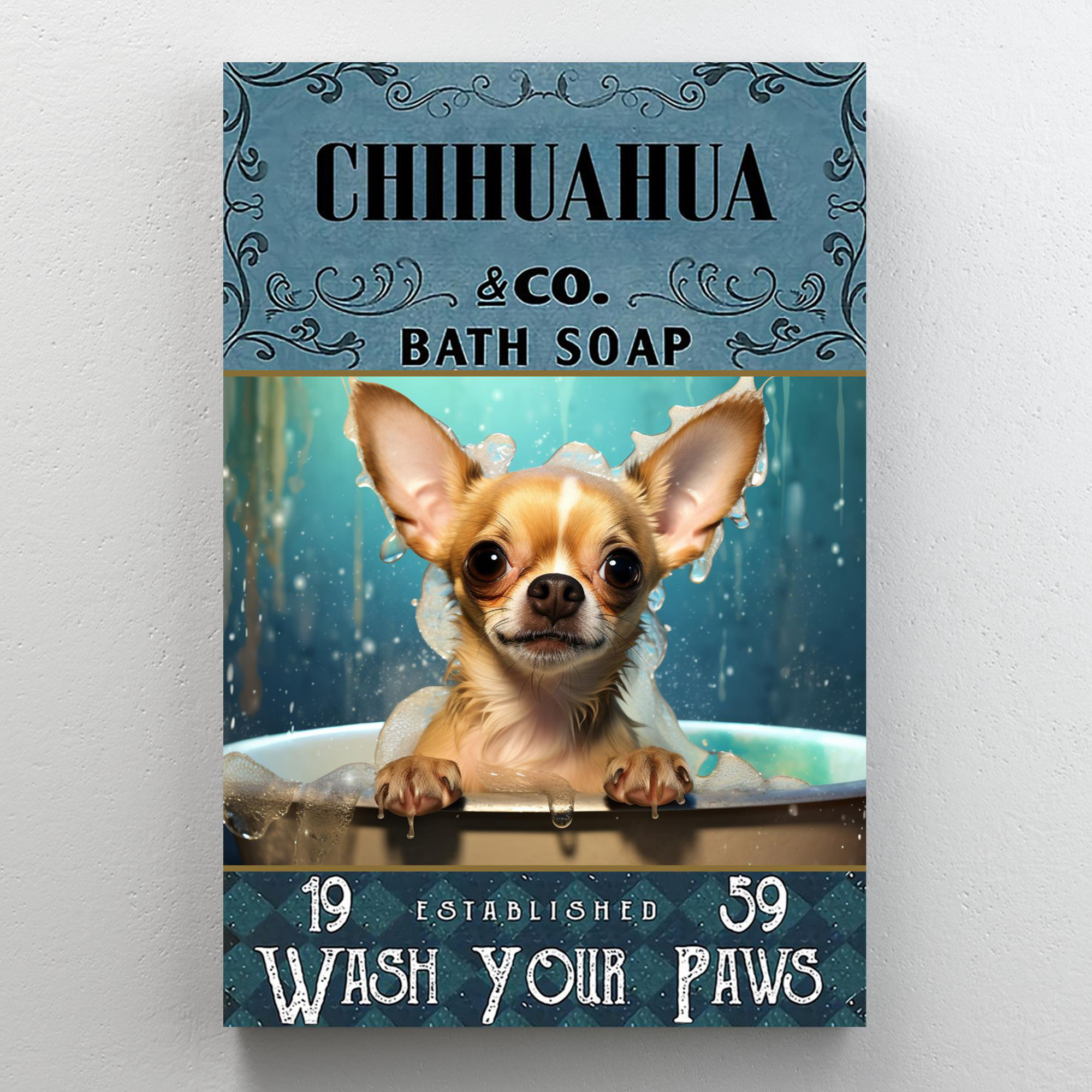 Trinx Chihuahua Bath Soap On Canvas Graphic Art | Wayfair