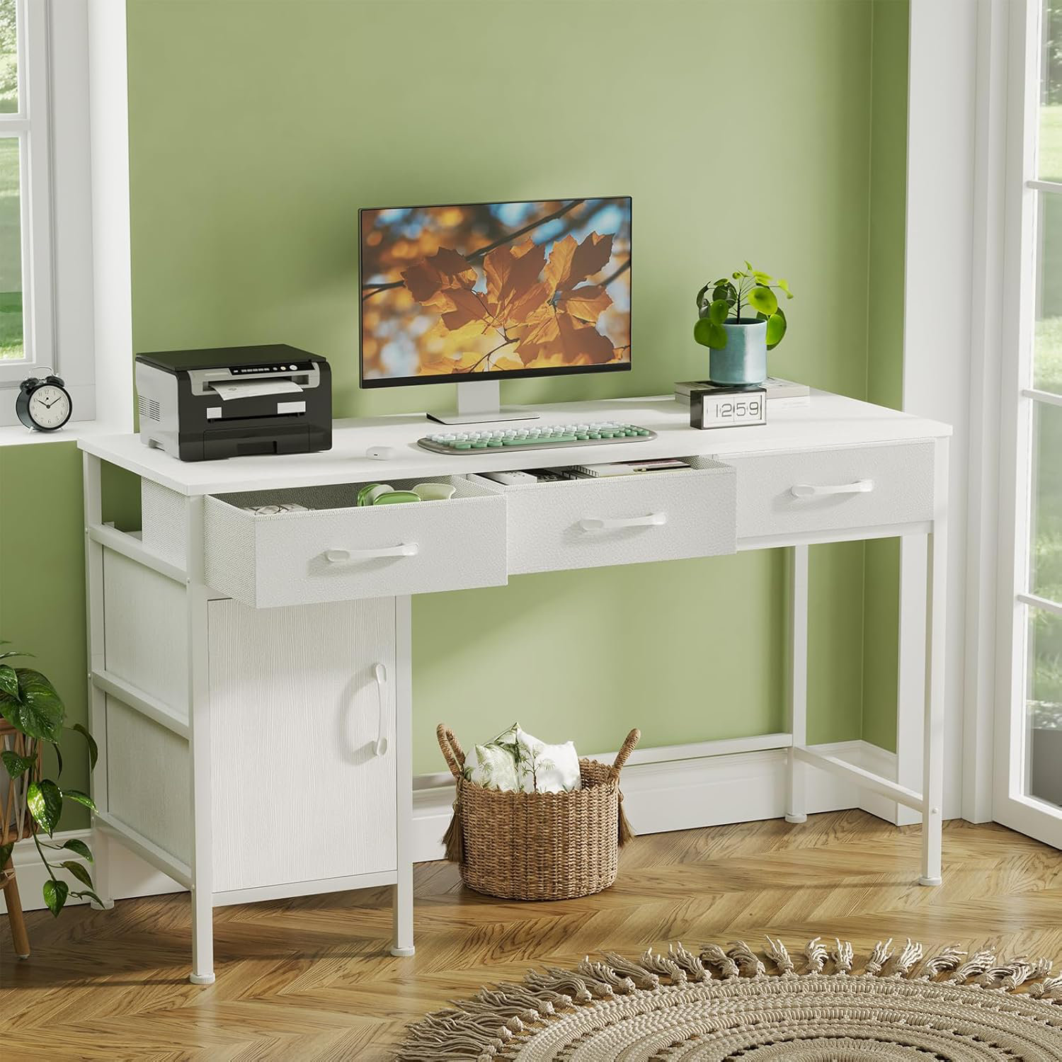 17 Stories 47 Inch White Desk With Storage Cabinet And 3 Fabric Drawers ...