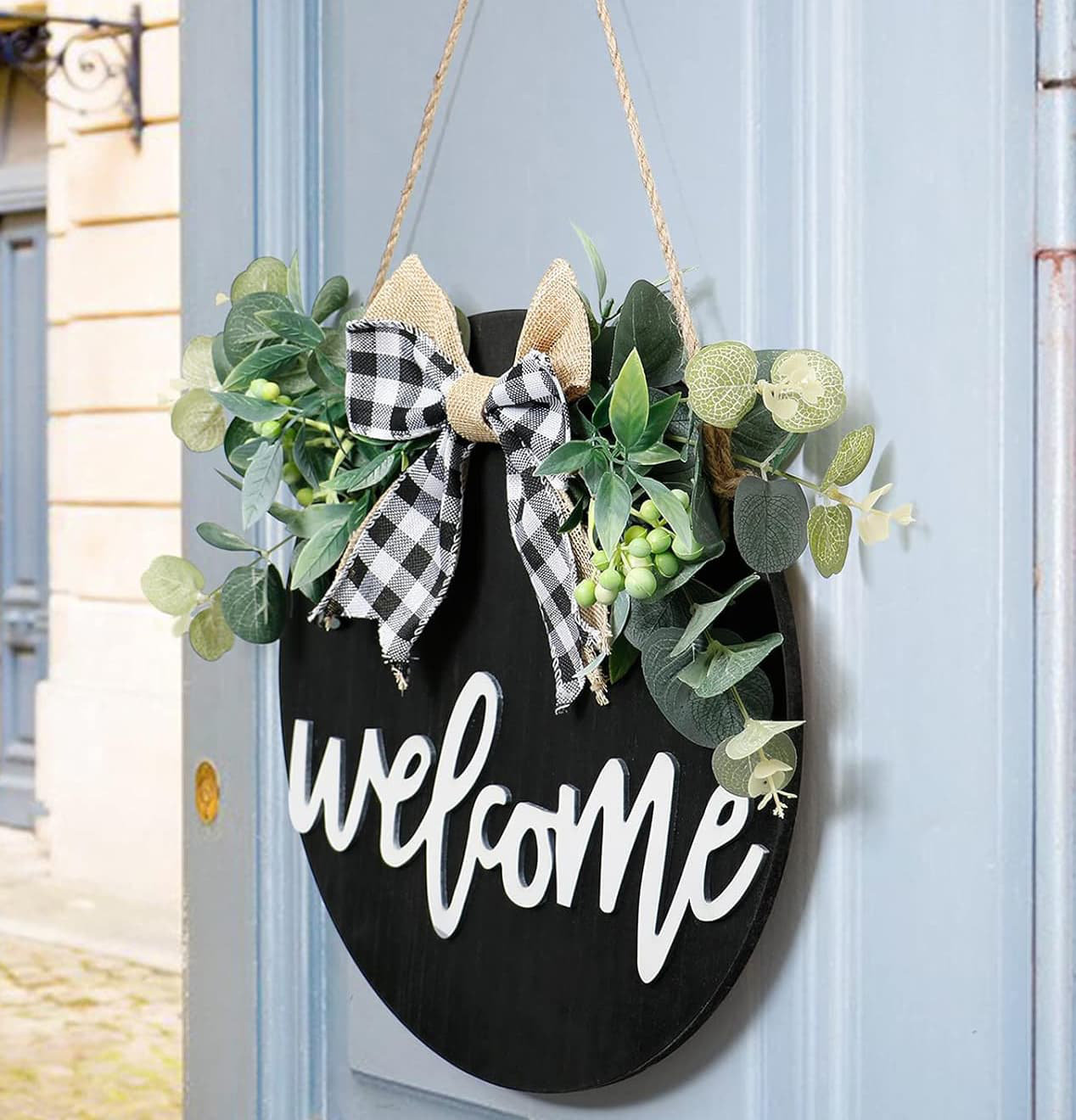 The Holiday Aisle® Black Welcome Sign for Front Door - Welcome Wreaths ...