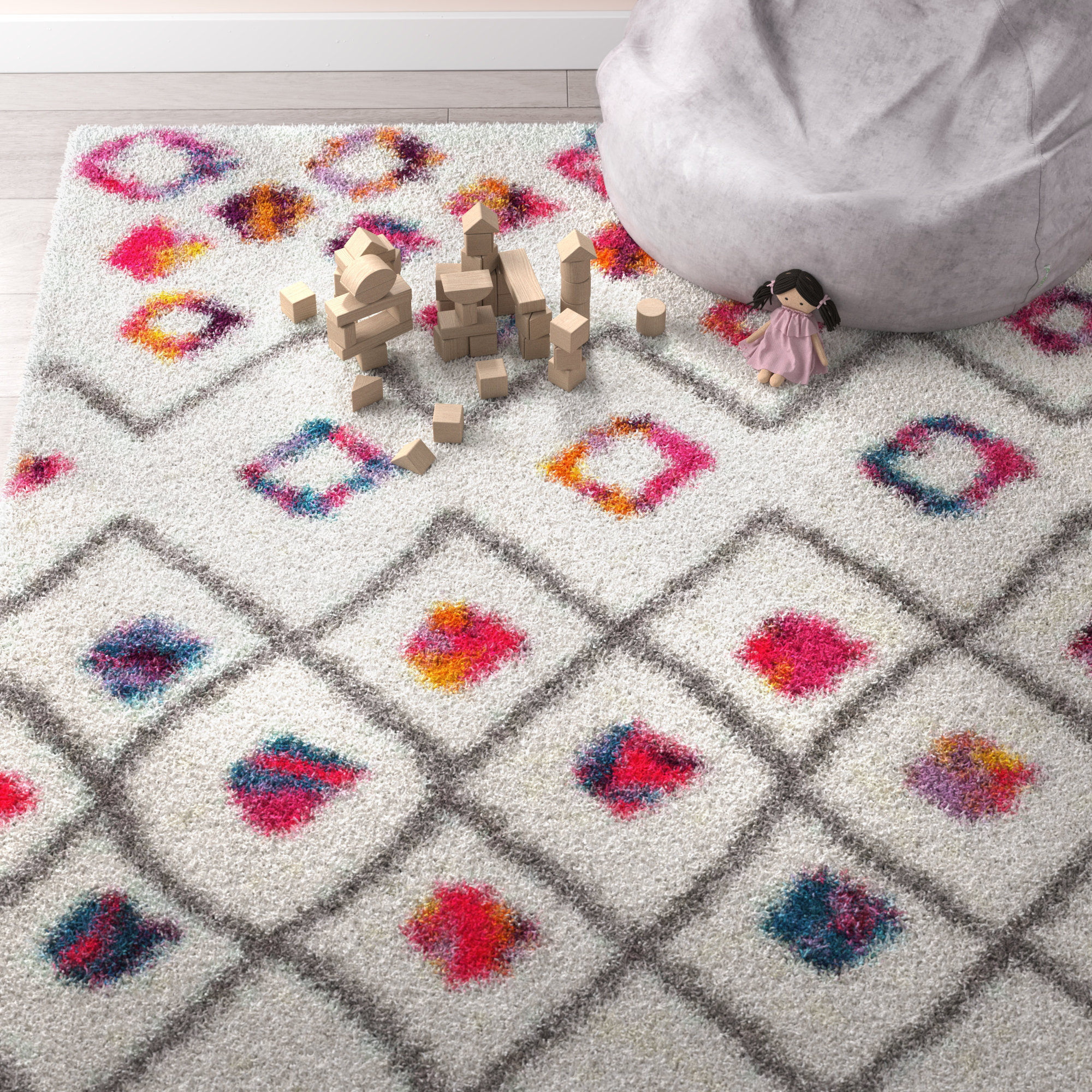 Mack & Milo™ Tapis rose / ivoire à poil long à motif de treillis à losanges bohème Abramson et ...