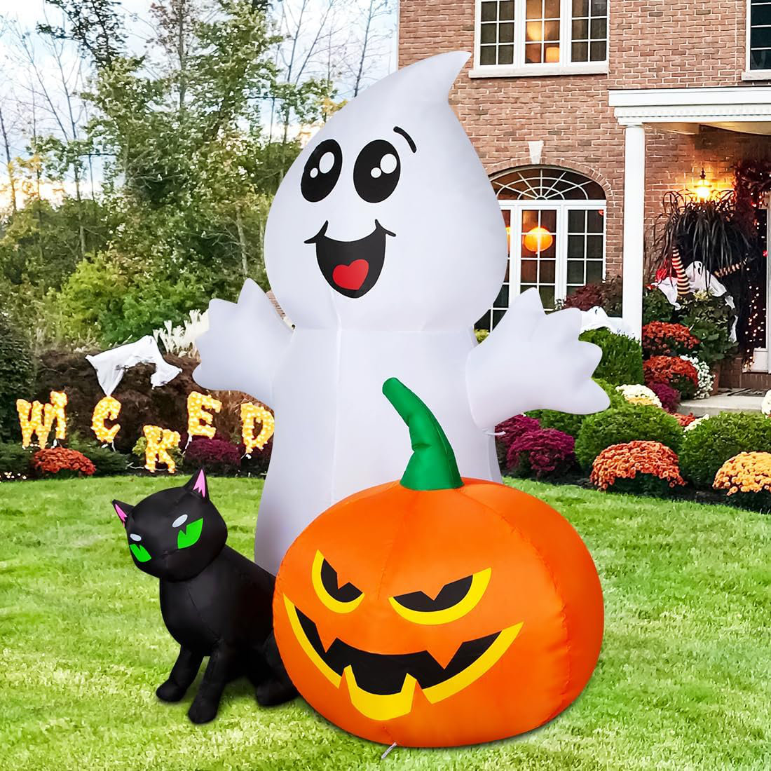 The Holiday Aisle® Halloween Inflatable 5FT Ghost With Black Cat And Pumpkin, Built-In Leds Blow ...