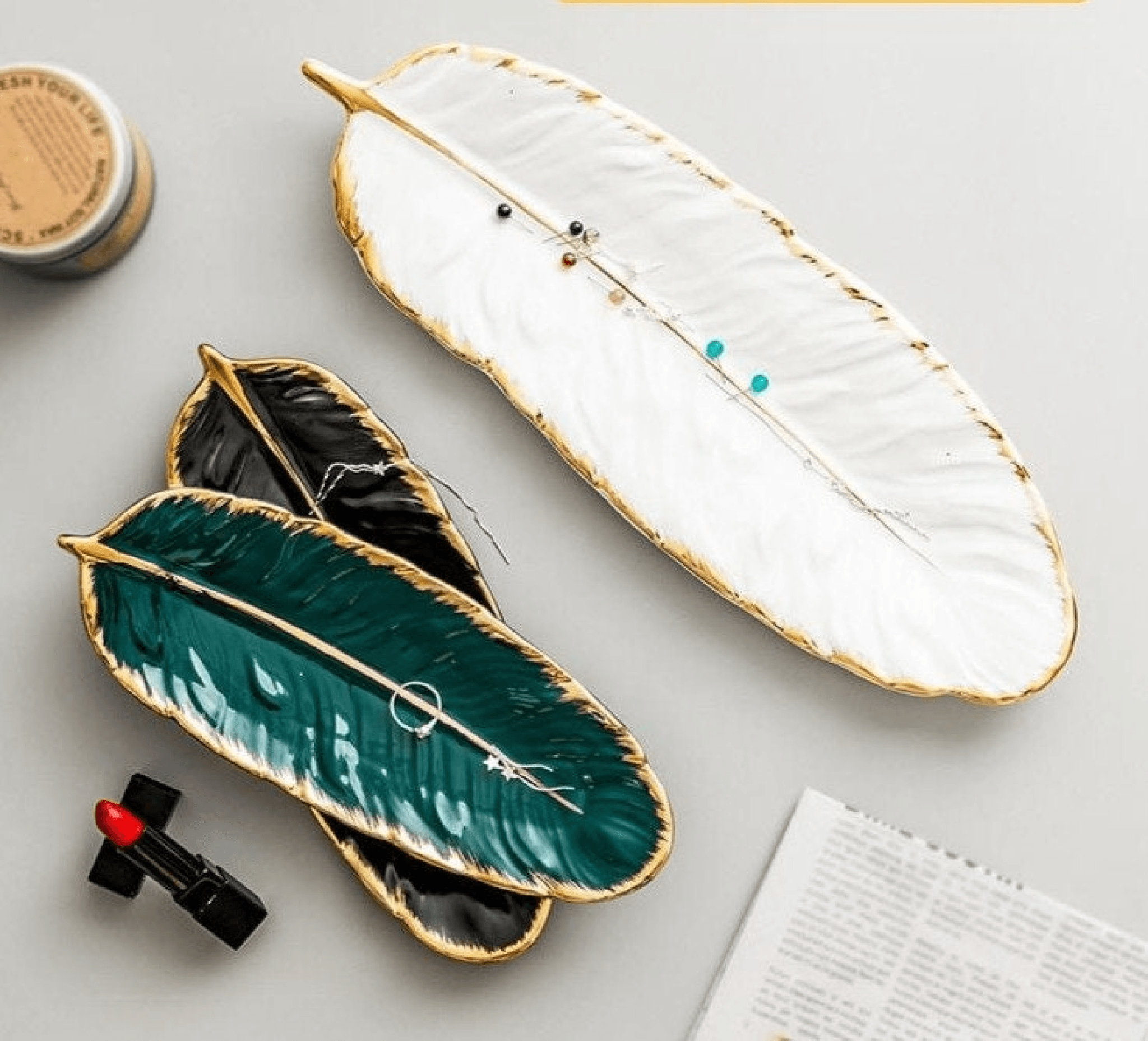 House of Hampton® Dorotha 2 Piece Ceramic Decorative Feather Tray Set ...