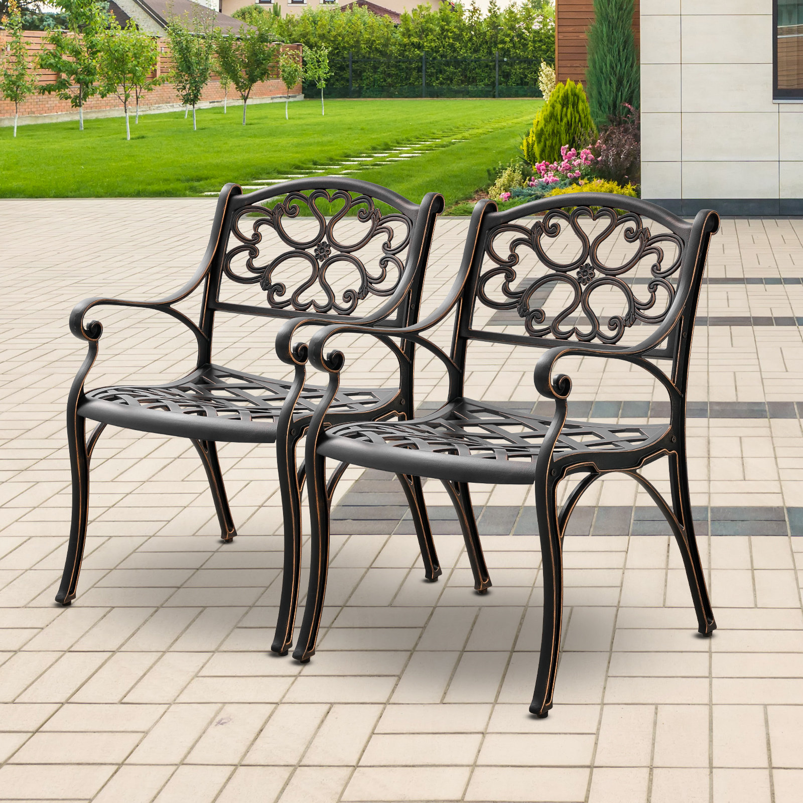 Astoria Grand Outdoor Cast Aluminum Patio Dining Chairs Set of 2，Bronze ...