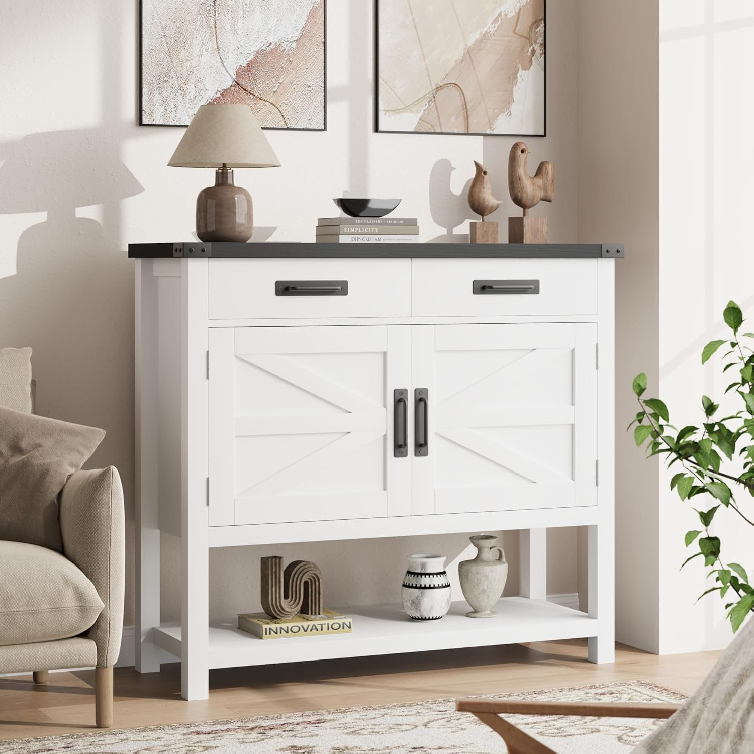 August Grove® Farmhouse Entryway Table with 2-Door Cabinet & 2 Drawers ...