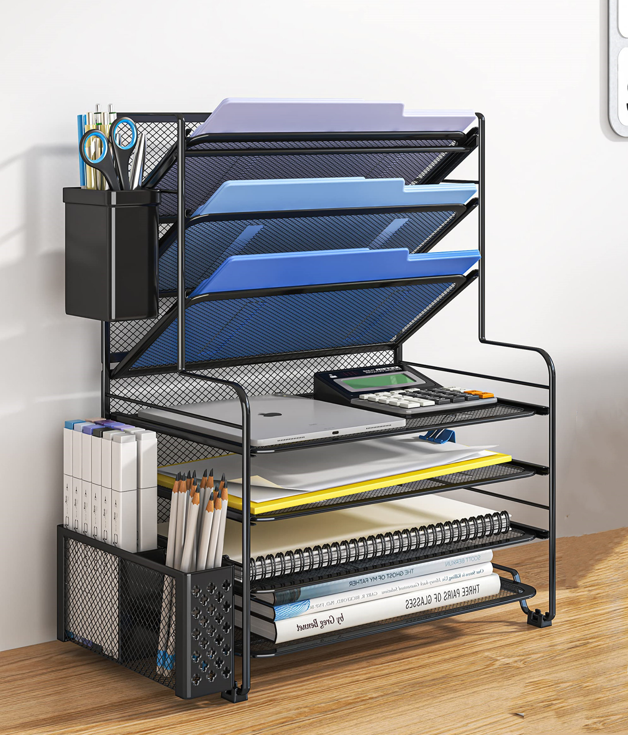 Inbox Zero 7-Tier Desk Organizer with Pen Holder & Metal Basket, Black ...