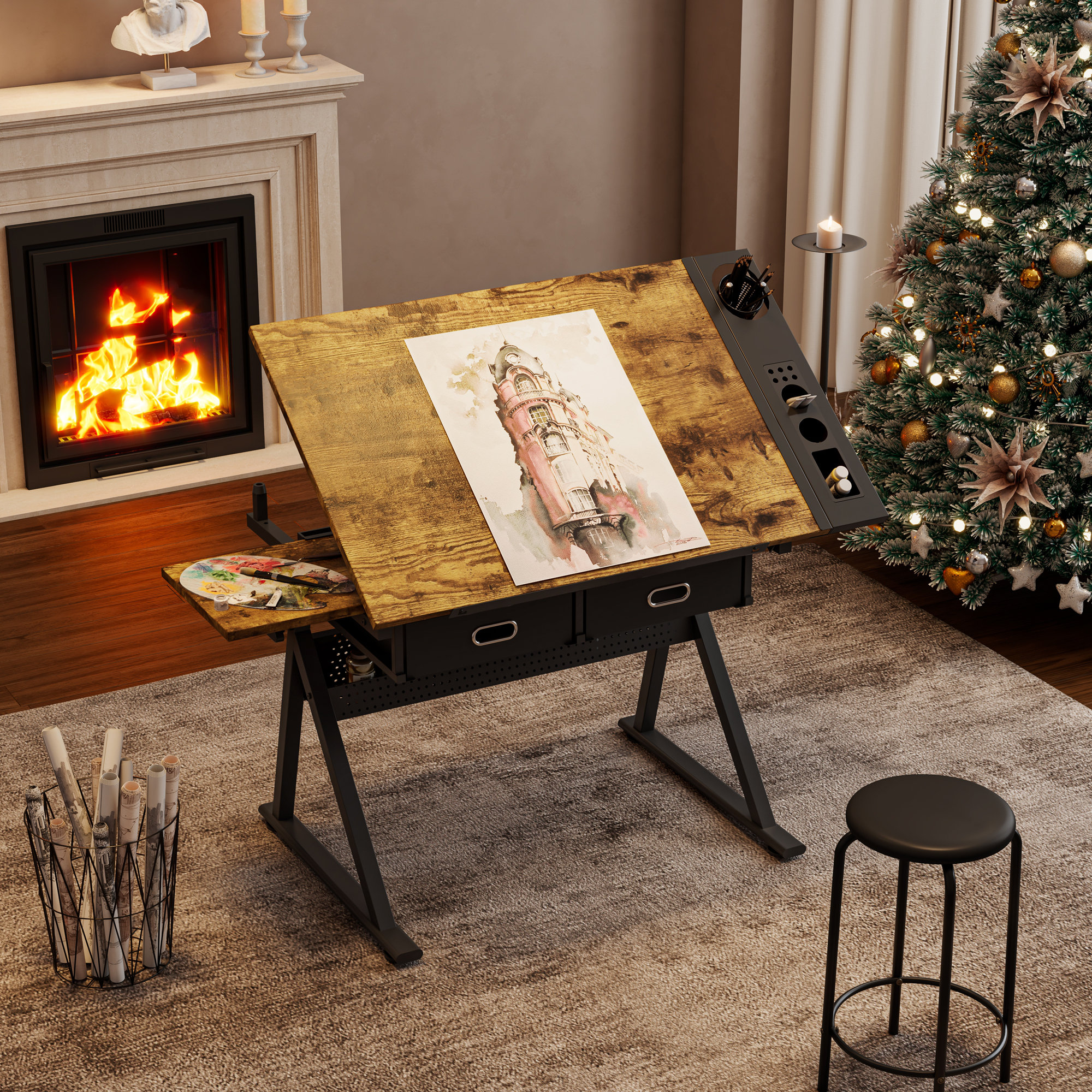 17 Stories adjustable drawing drafting table desk with 2 drawers for ...