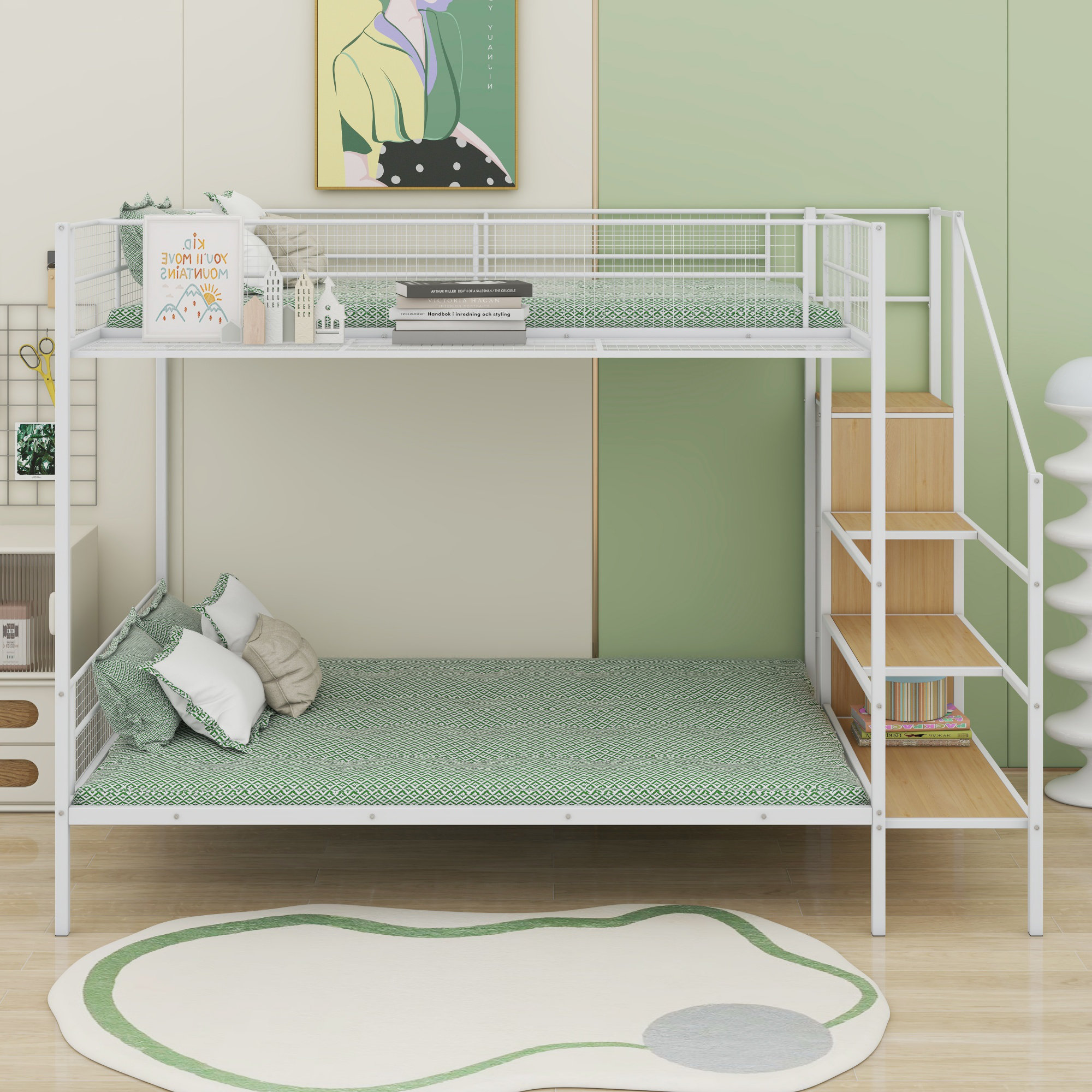 Ivy Bronx Metal Bunk Bed With Wire Shelving And Lateral Storage Ladder ...