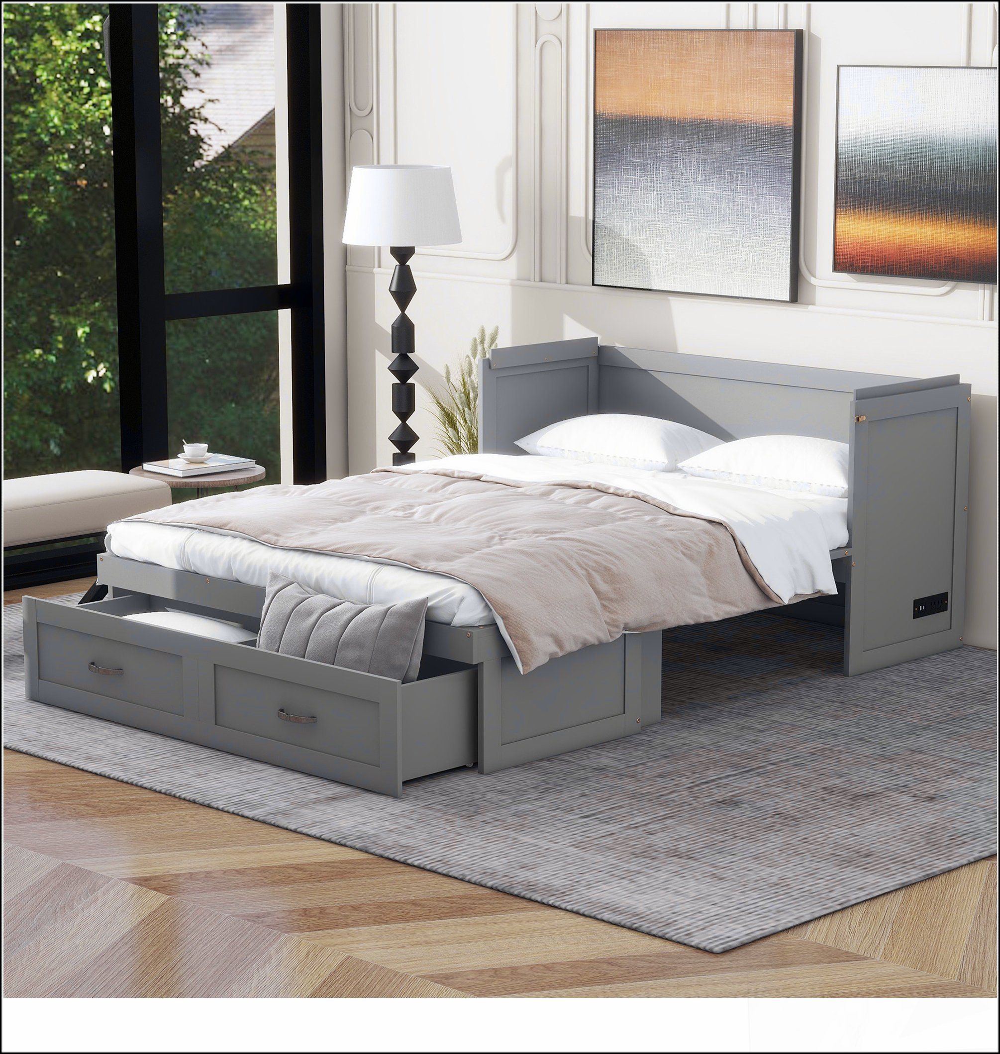 Red Barrel Studio® Full Size Murphy Bed With USB Ports, Large Drawers ...