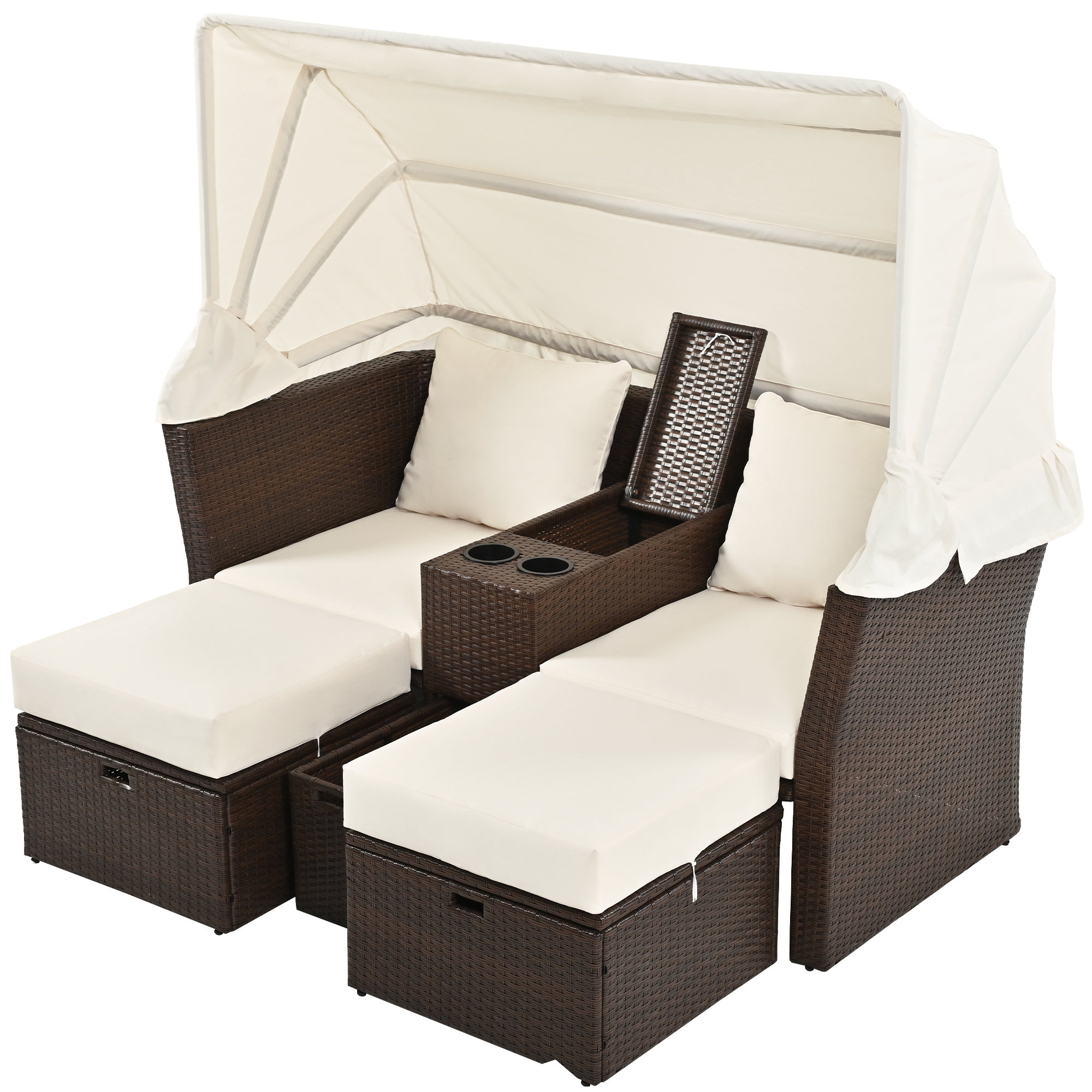Latitude Run® Outdoor PE Wicker Patio Lounge Chair with Canopy and Cup ...