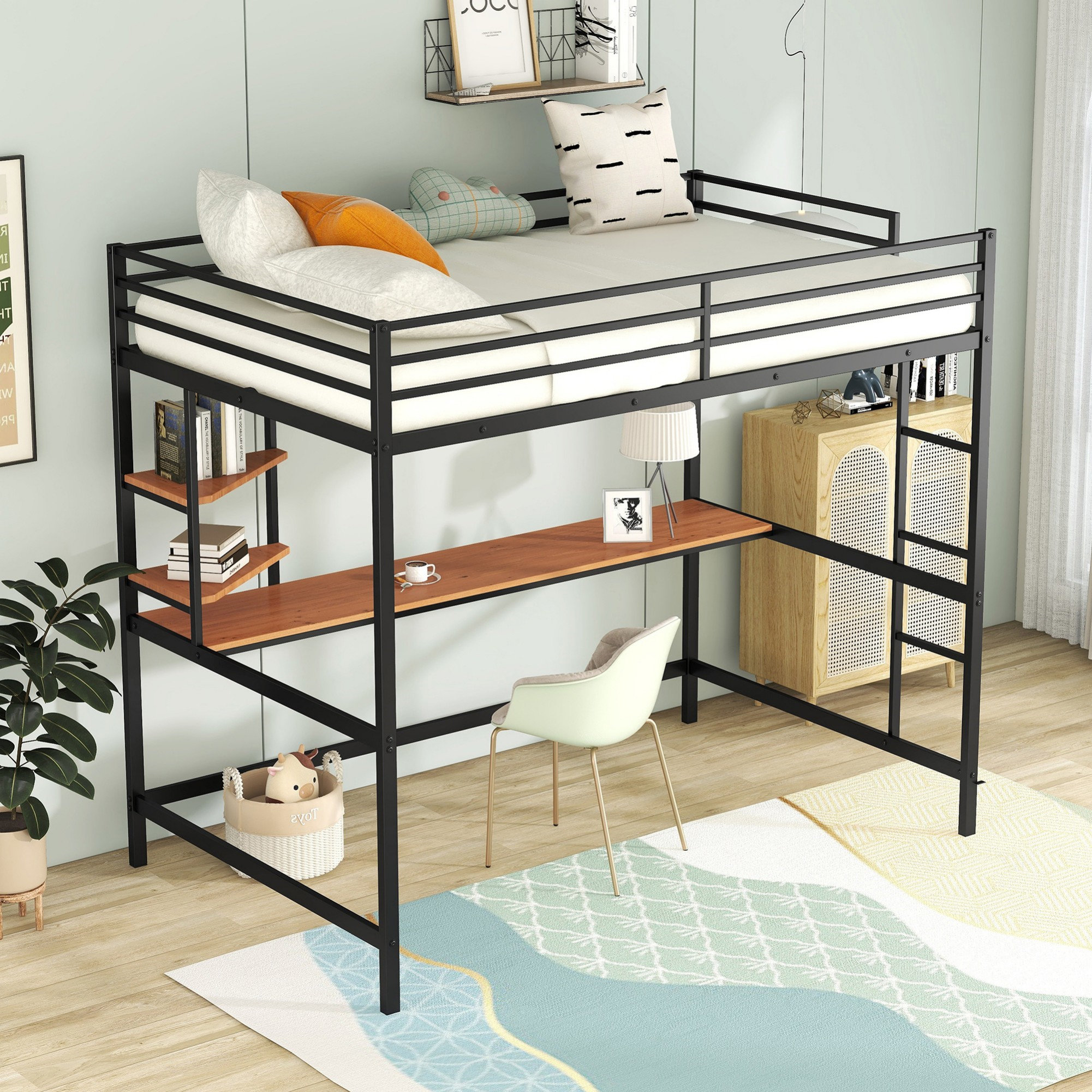 Mason & Marbles Metal Frame Loft Bed With Desk And Shelve | Wayfair