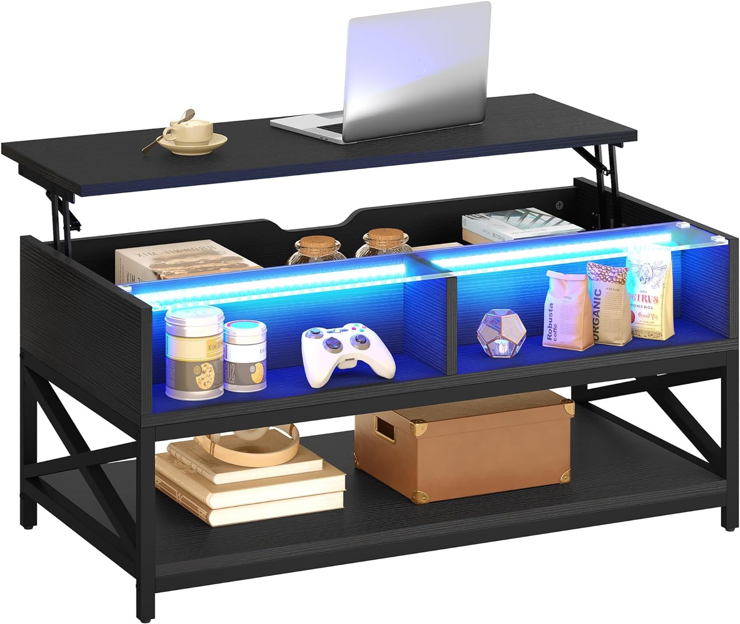 Latitude Run® Lift Top Coffee Table, LED Coffee Table With Hidden ...