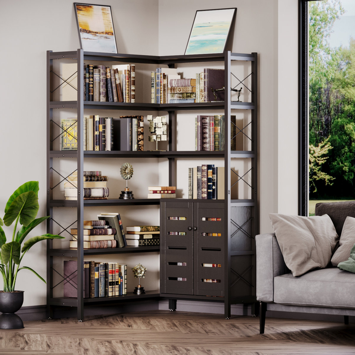 17 Stories 6-shelf Corner Bookshelf, Vintage Industrial Corner ...