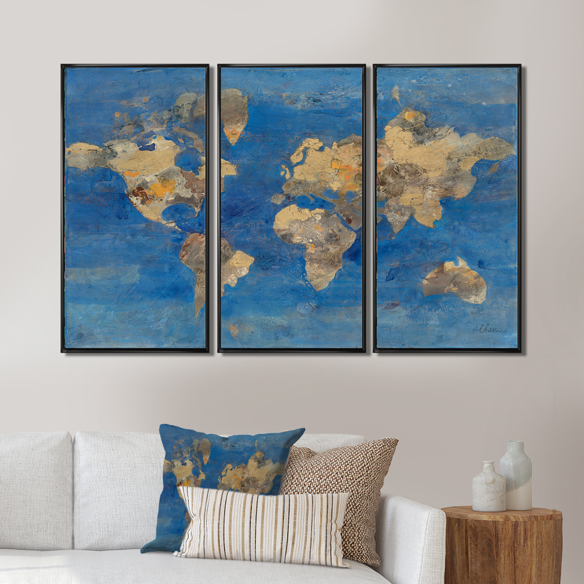 DesignArt Golden Blue World Map - 3 Piece Floater Frame Print on Canvas ...