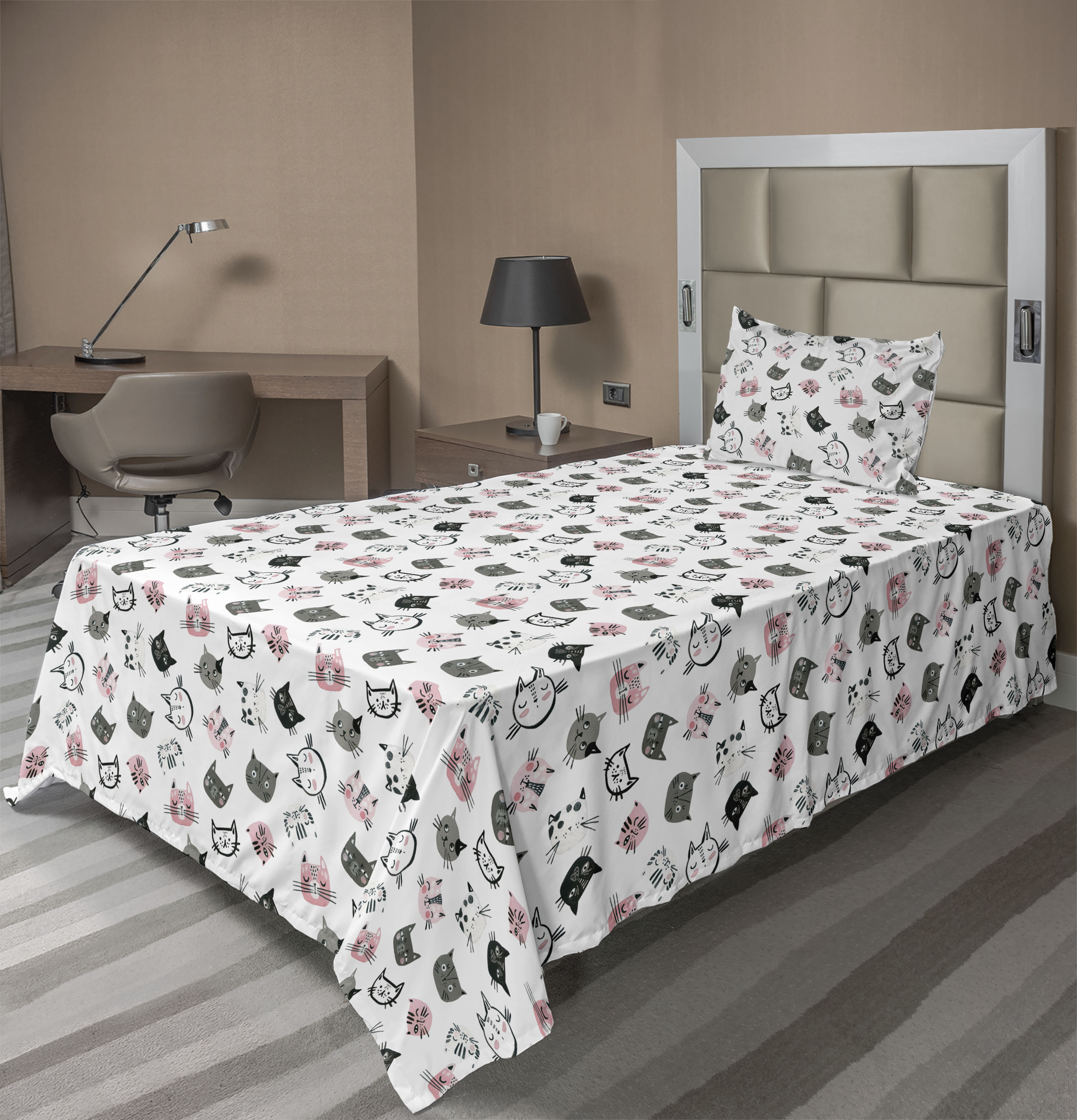 Ambesonne Cat Sheet Set Little Kitty Faces Cartoon Art Rose Dark Grey ...