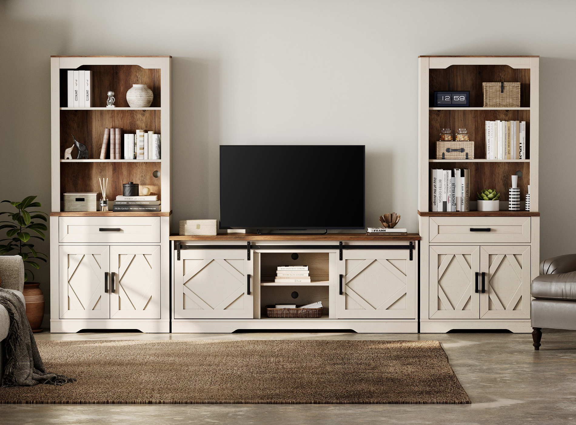 WAMPAT Farmhouse Entertainment Center With Bookshelf For Tvs Up To 75 ...