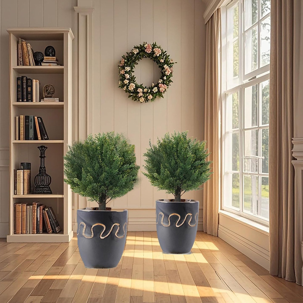 Primrue 2 Pcs 24 Inch Artificial Cedar Topiary Ball Tree Artificial ...