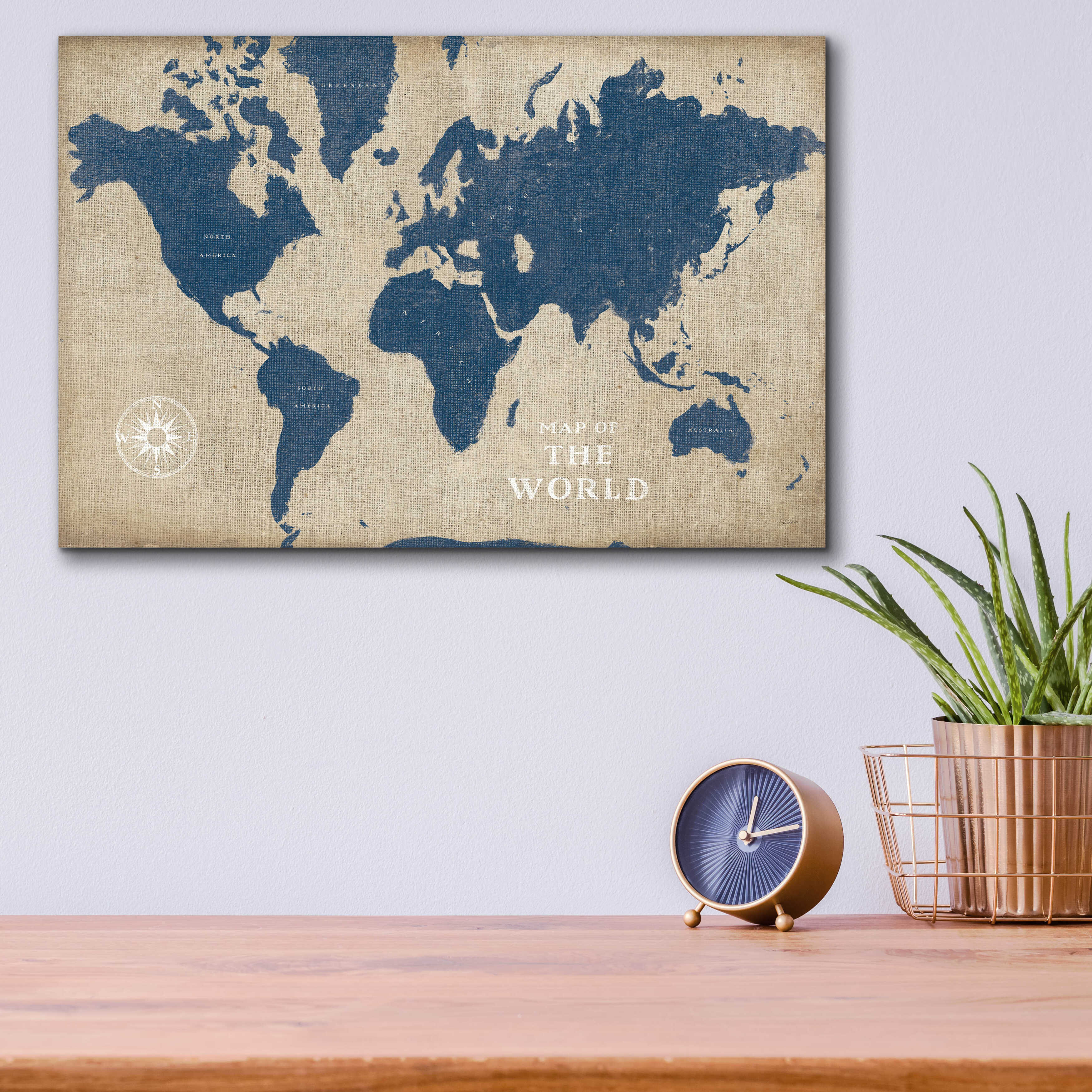 Trinx Epic Art 'Burlap World Map I Navy' by Sue Schlabac Burlap World ...