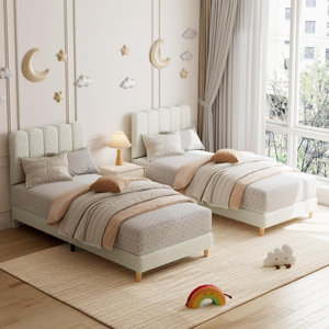 Ebern Designs Twin Bed Frame, Upholstered Platform Bed with Wave ...