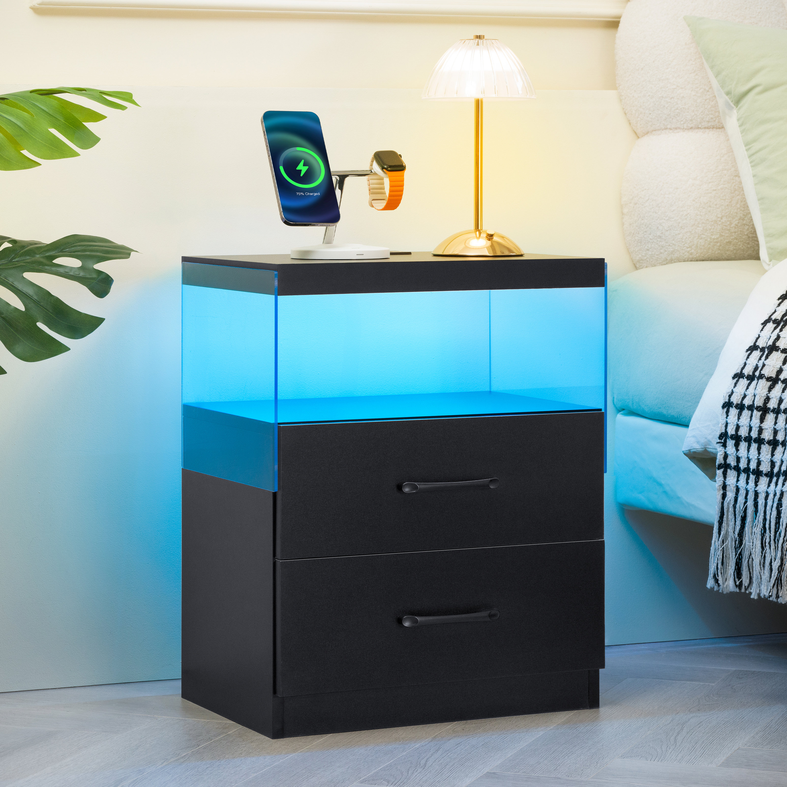 Ivy Bronx Led Nightstand With Charging Station Black Night Stand ...