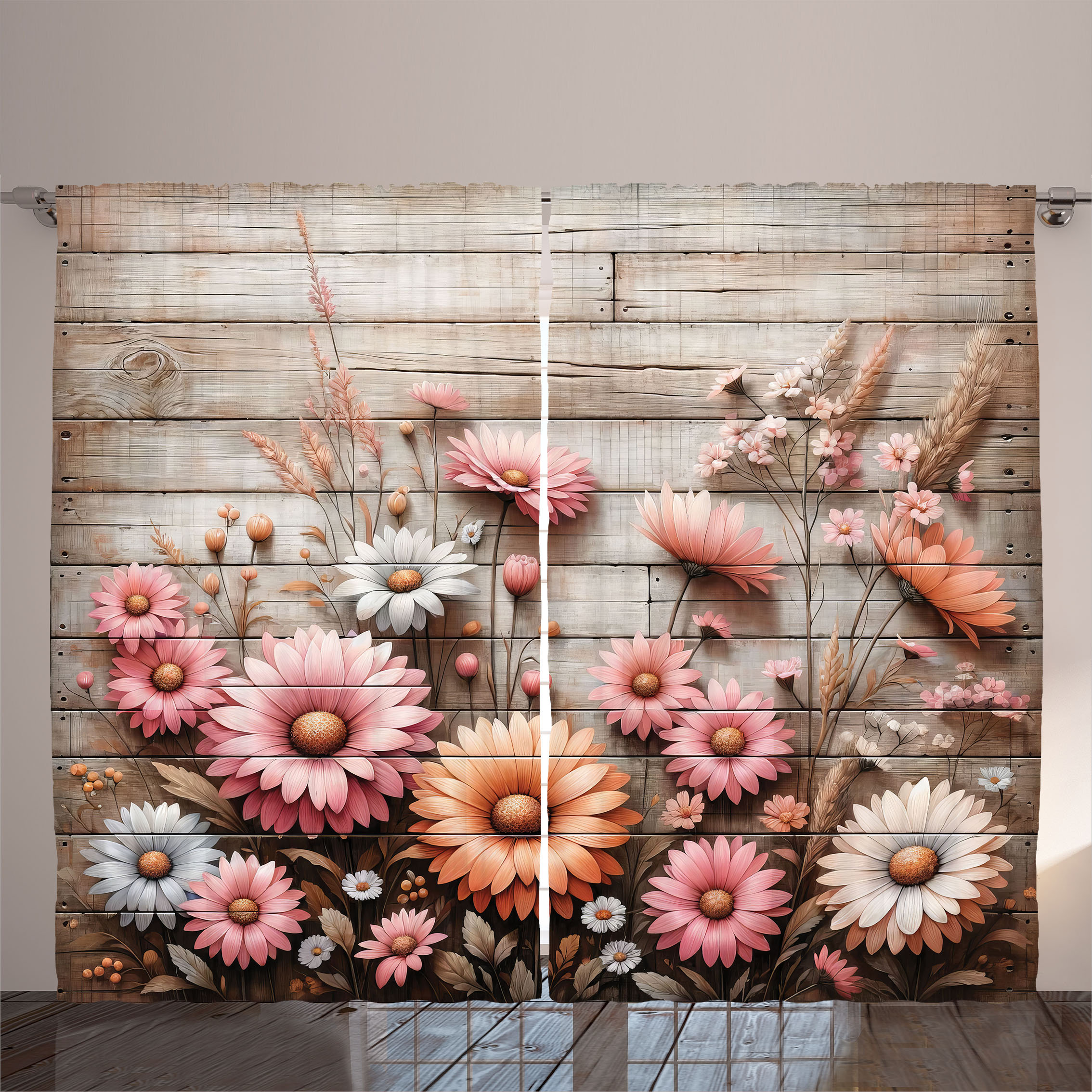Ambesonne Curtains 2 Panel Set, Cottagecore Meadow Flowers Pink Salmon ...