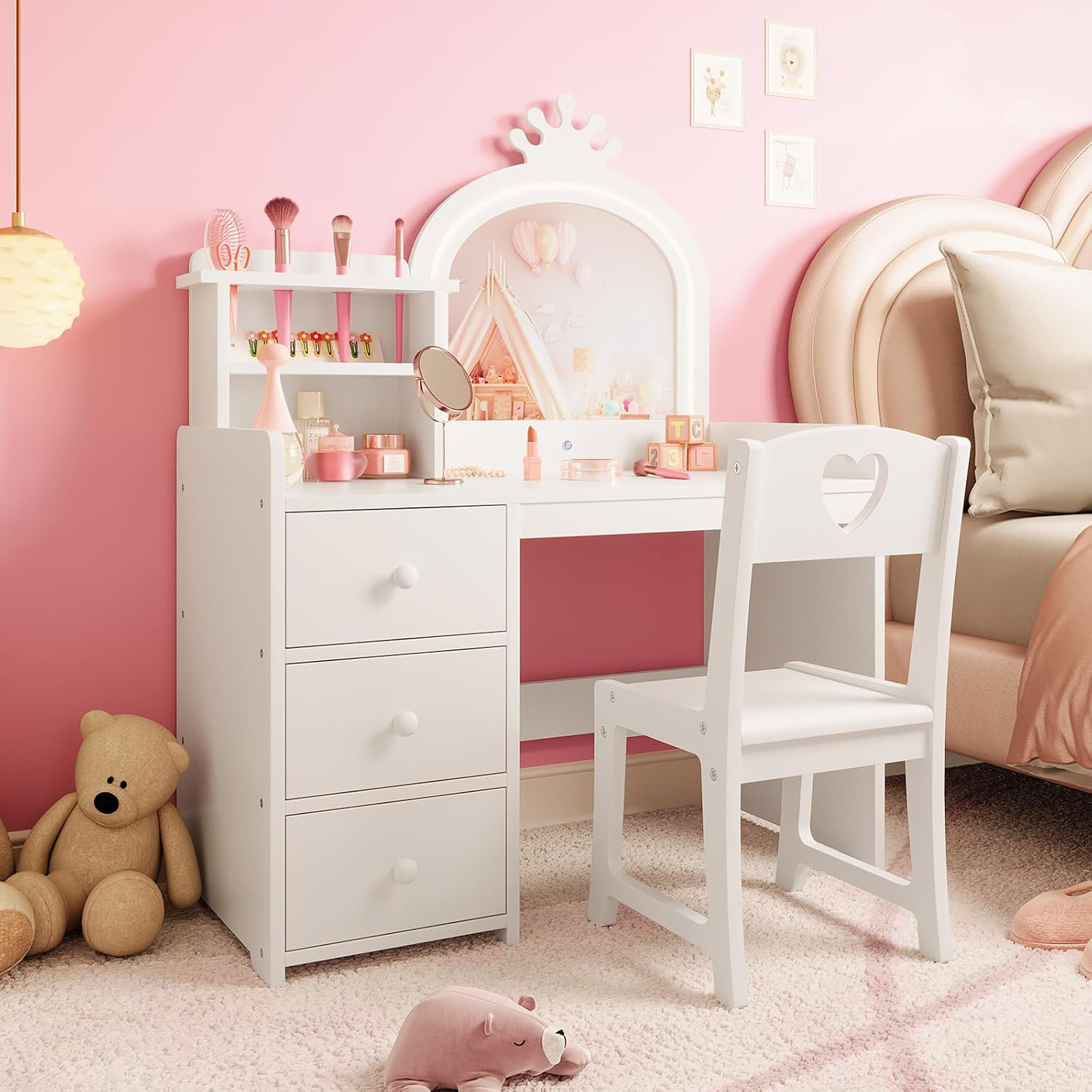 Gemma Violet Kids Vanity Desk with Mirror and Lights, Princess Wooden ...