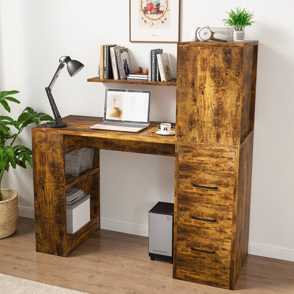 17 Stories Computer Desk With 4-In-1 Socket & 3 Drawers, 4-Tier Storage ...
