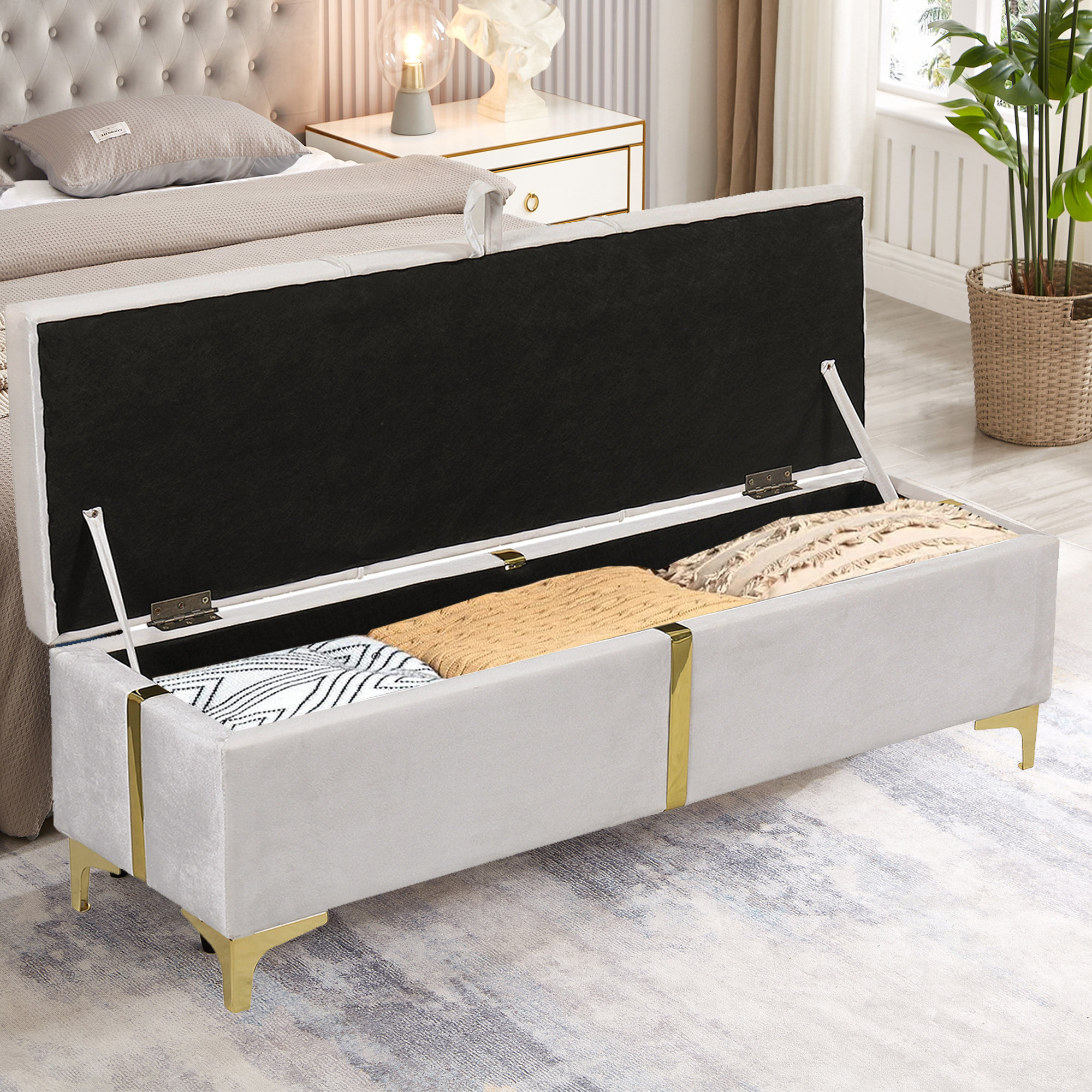 Everly Quinn Velvet Upholstered Storage Bench With Metal Legs,Beige ...