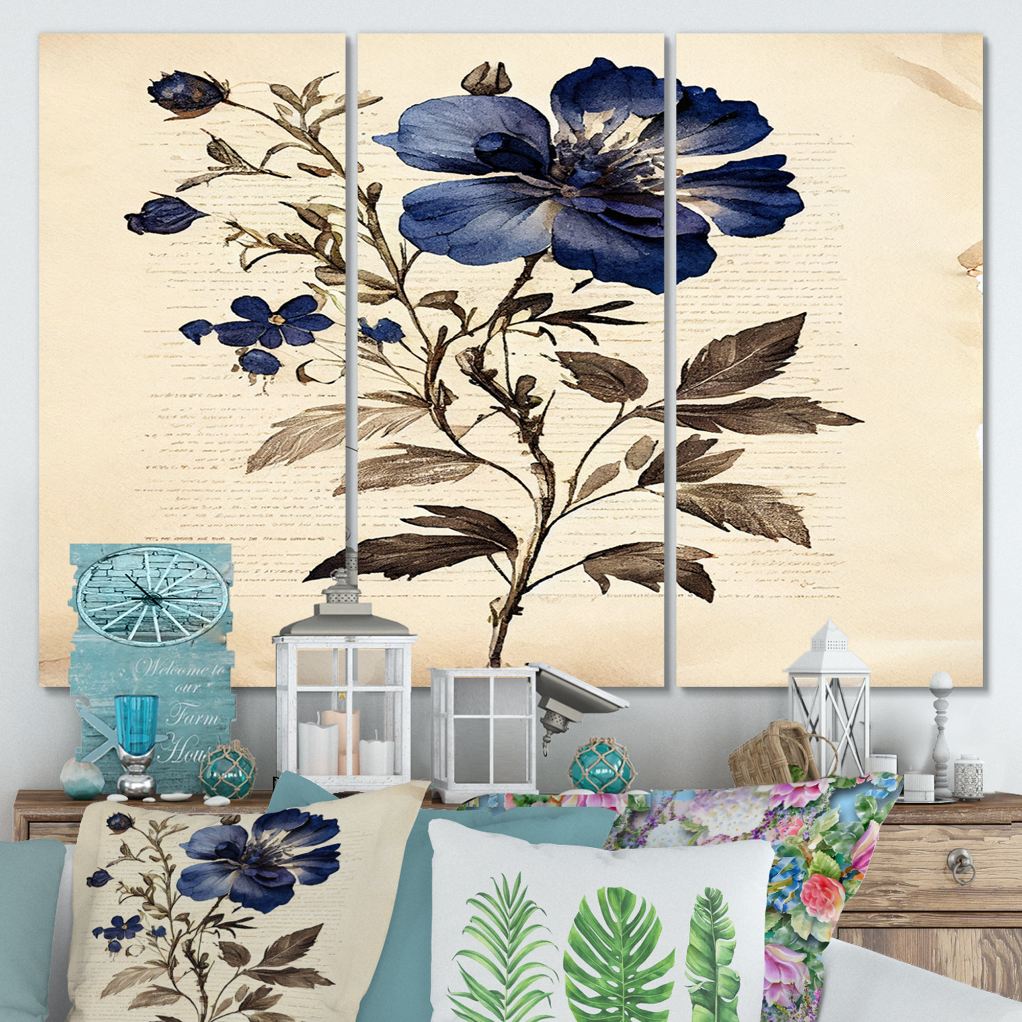 Ophelia & Co. Blossoming Blue Retro Flower VII - 3 Piece Wrapped Canvas ...