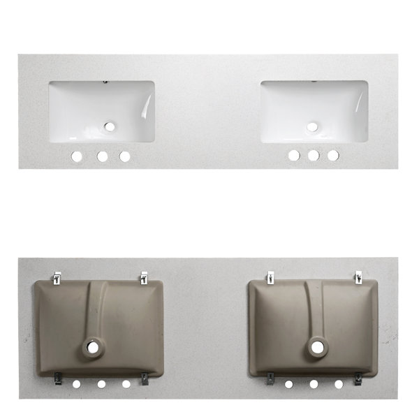 PROOX 72'' Quartz Stone Double Vanity Top with Sink and 3 Faucet Holes ...