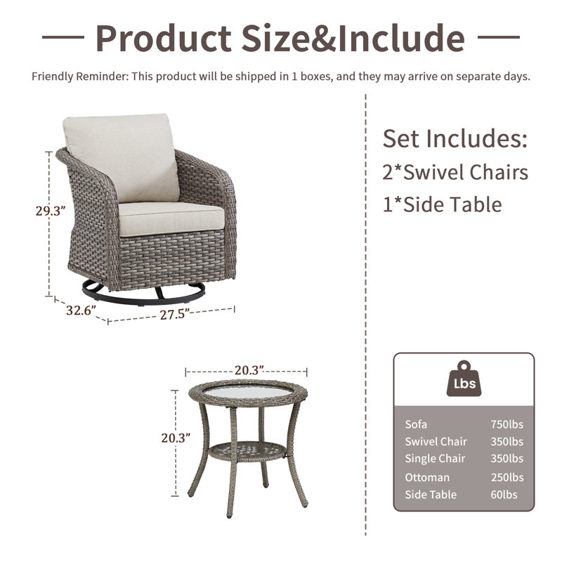 Winston Porter 3-Piece Wicker Swivel Glide Set With End Table For ...