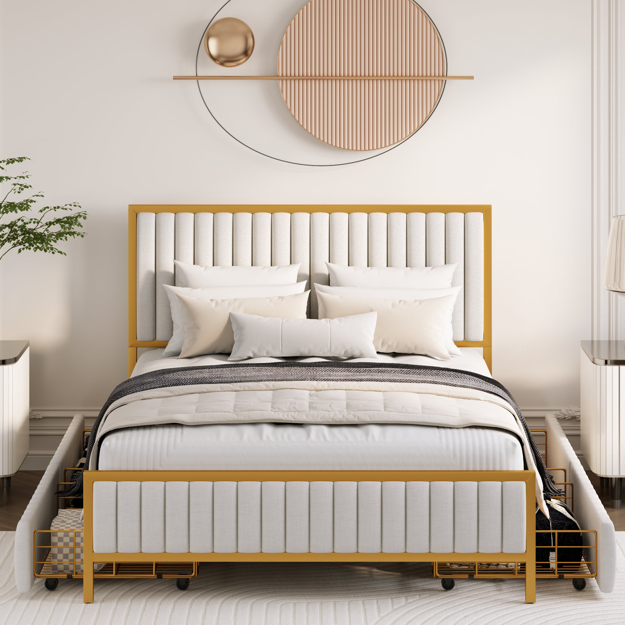 Mercer41 Tapanga Upholstered Platform Linen Bed with Stylish Metal ...