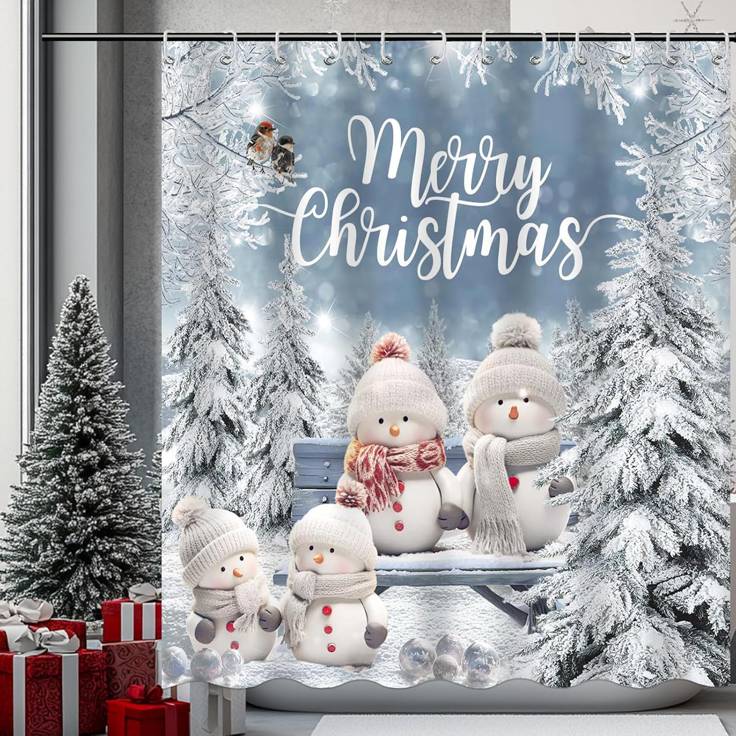 Alcott Hill® Merry Christmas Shower Curtain Blue Snowman Shower Curtain ...