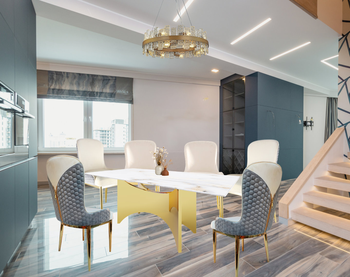 Mercer41 Karsten Luxury Cream Marble Dining Table Set With 6 37" Chairs ...