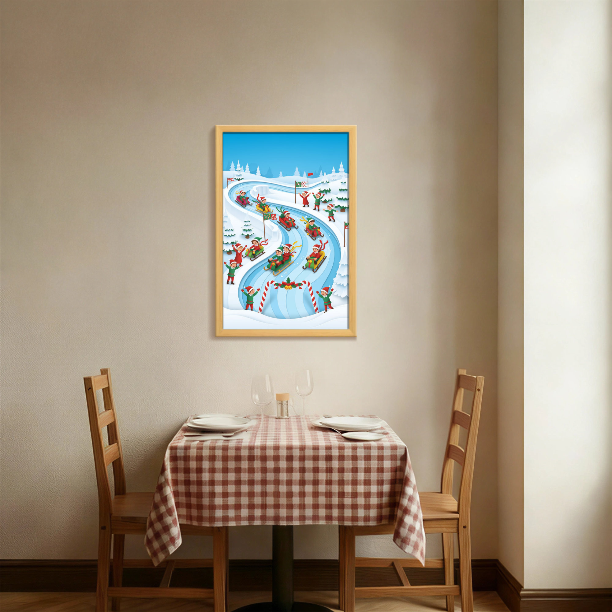 August Grove® Christmas Elves Racing On Snow Sleds Winter Scene | Wayfair
