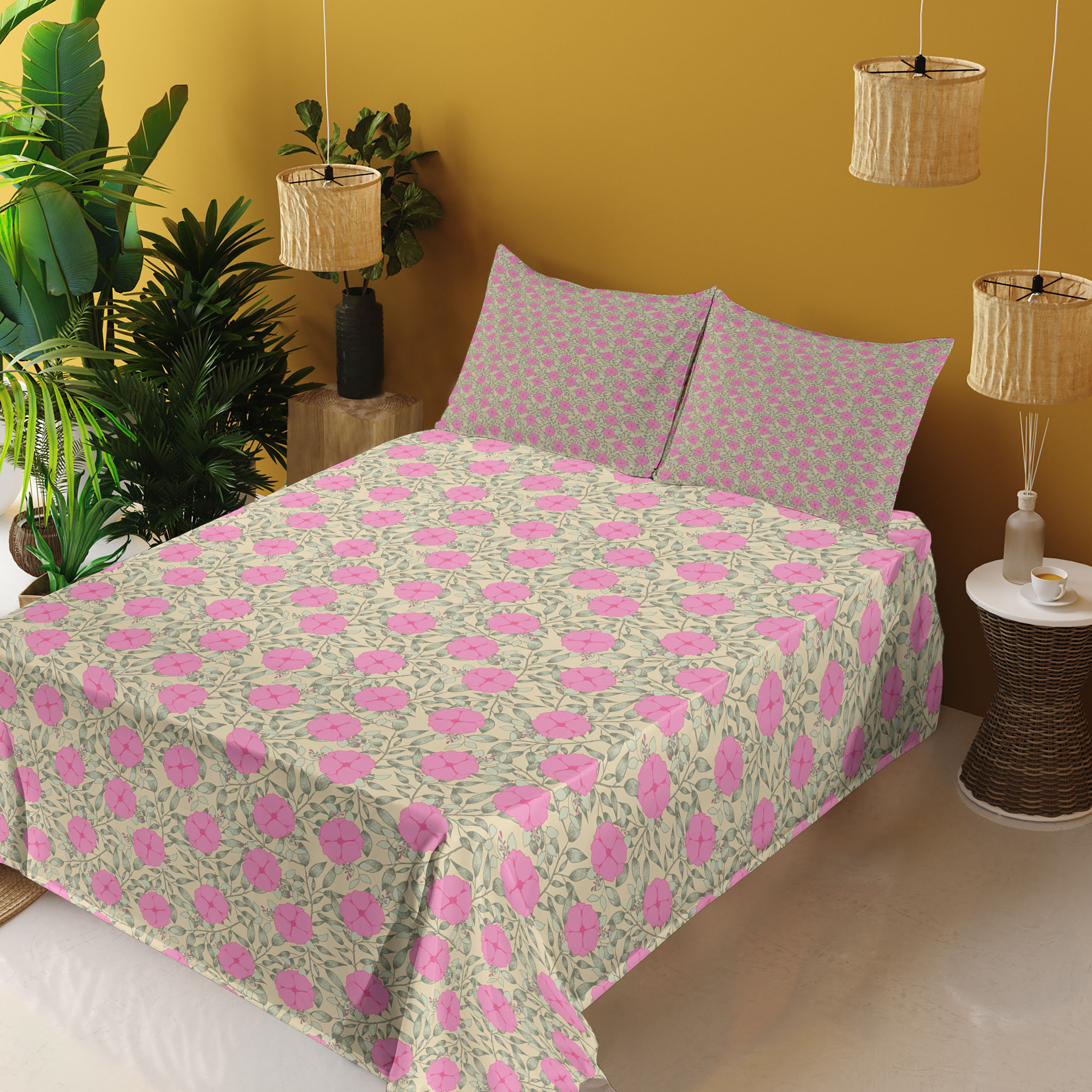Ambesonne Tropical Sheet Set 4 Pcs Flowers Leaf Drawings Plot Soft Pink ...