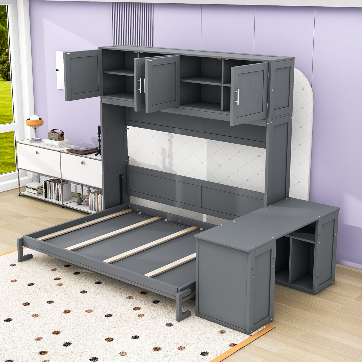 Latitude Run® Queen Wall-Mounted Murphy Bed with Desk, Storage Cabinets ...