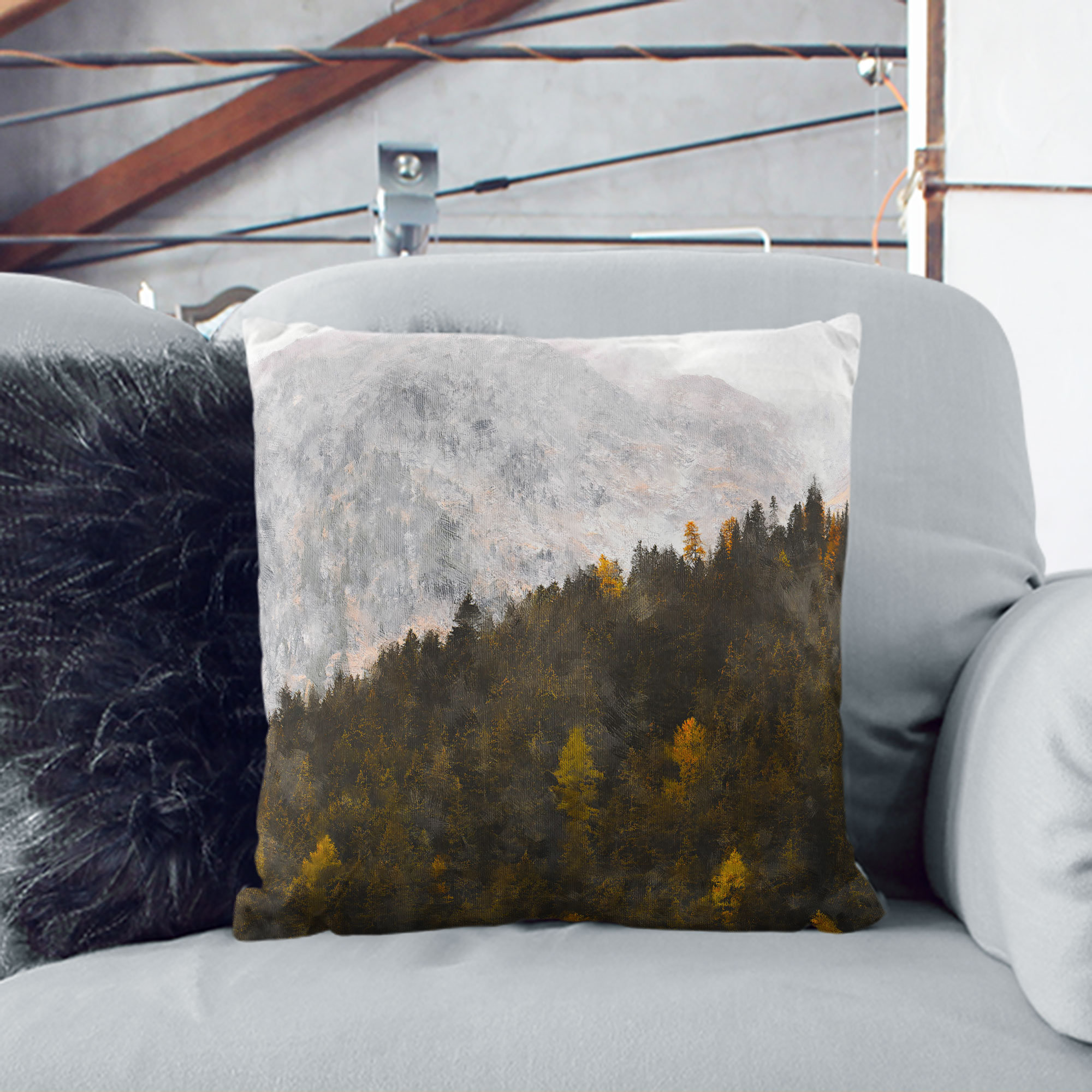 East Urban Home Half Mountain Half Forest Painting Cushion with Filling ...