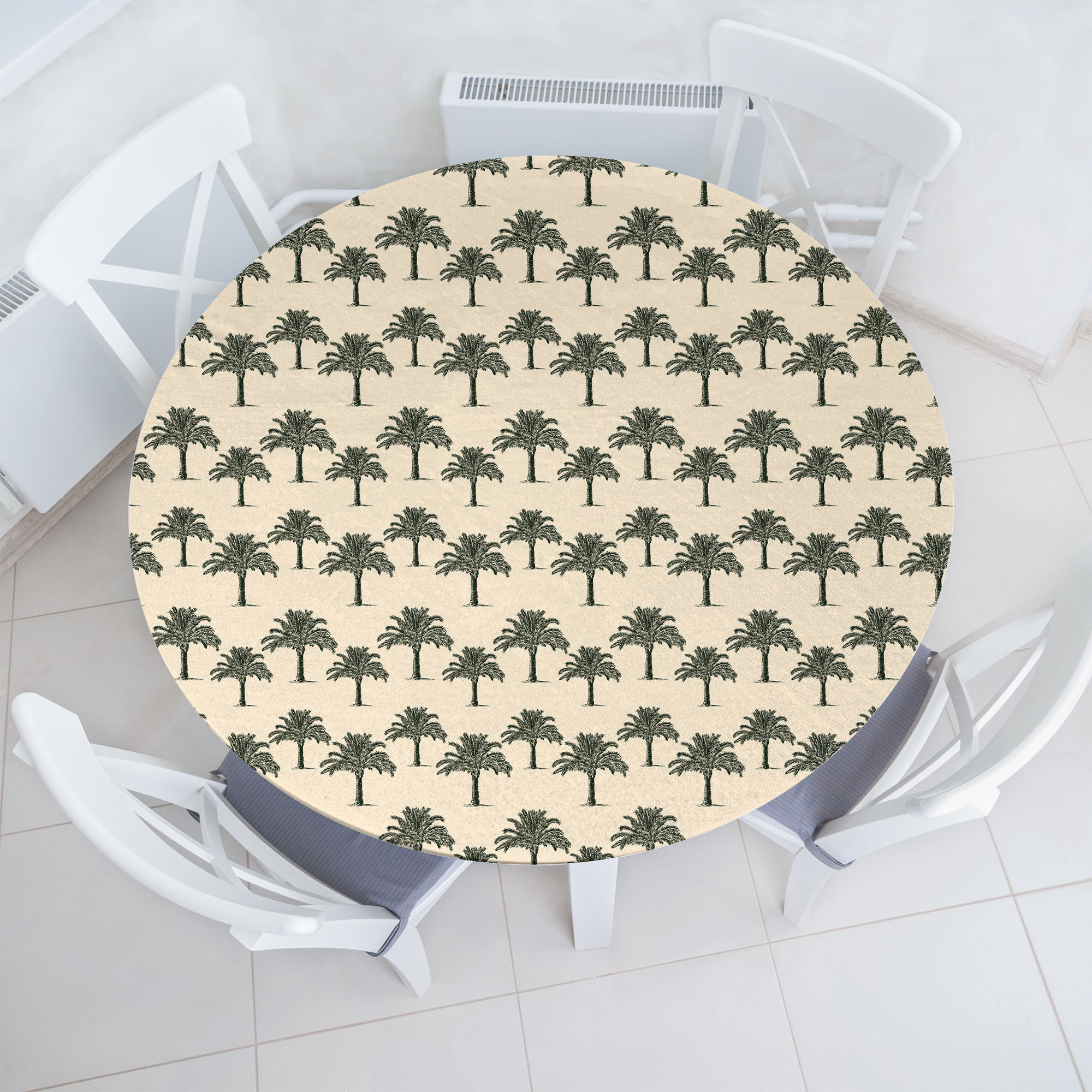 Ebern Designs Palm Tree Fitted Round Tablecloth Diameter Eggshell and ...