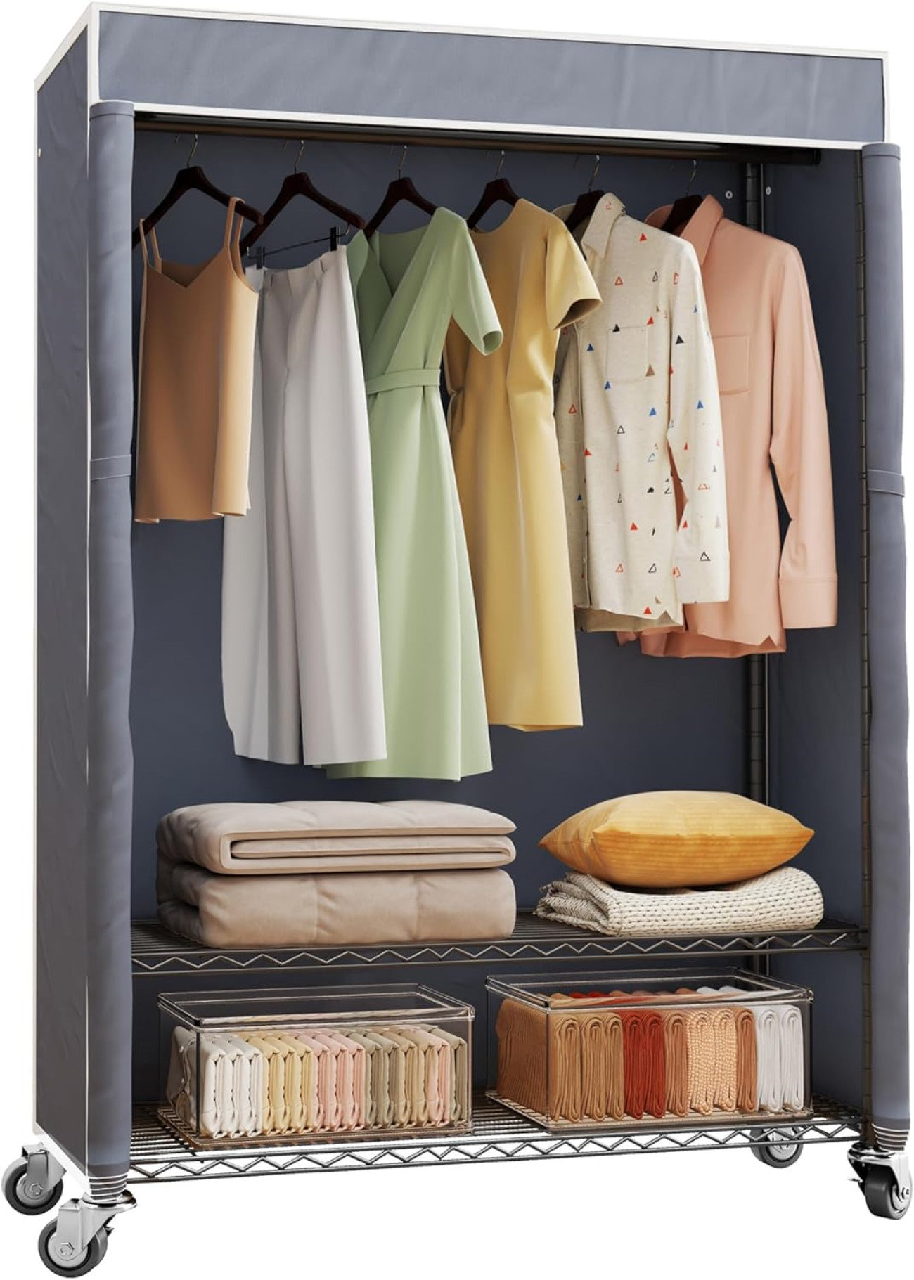 Rebrilliant Rolling Clothes Rack With Cover Heavy Duty Garment Rack ...