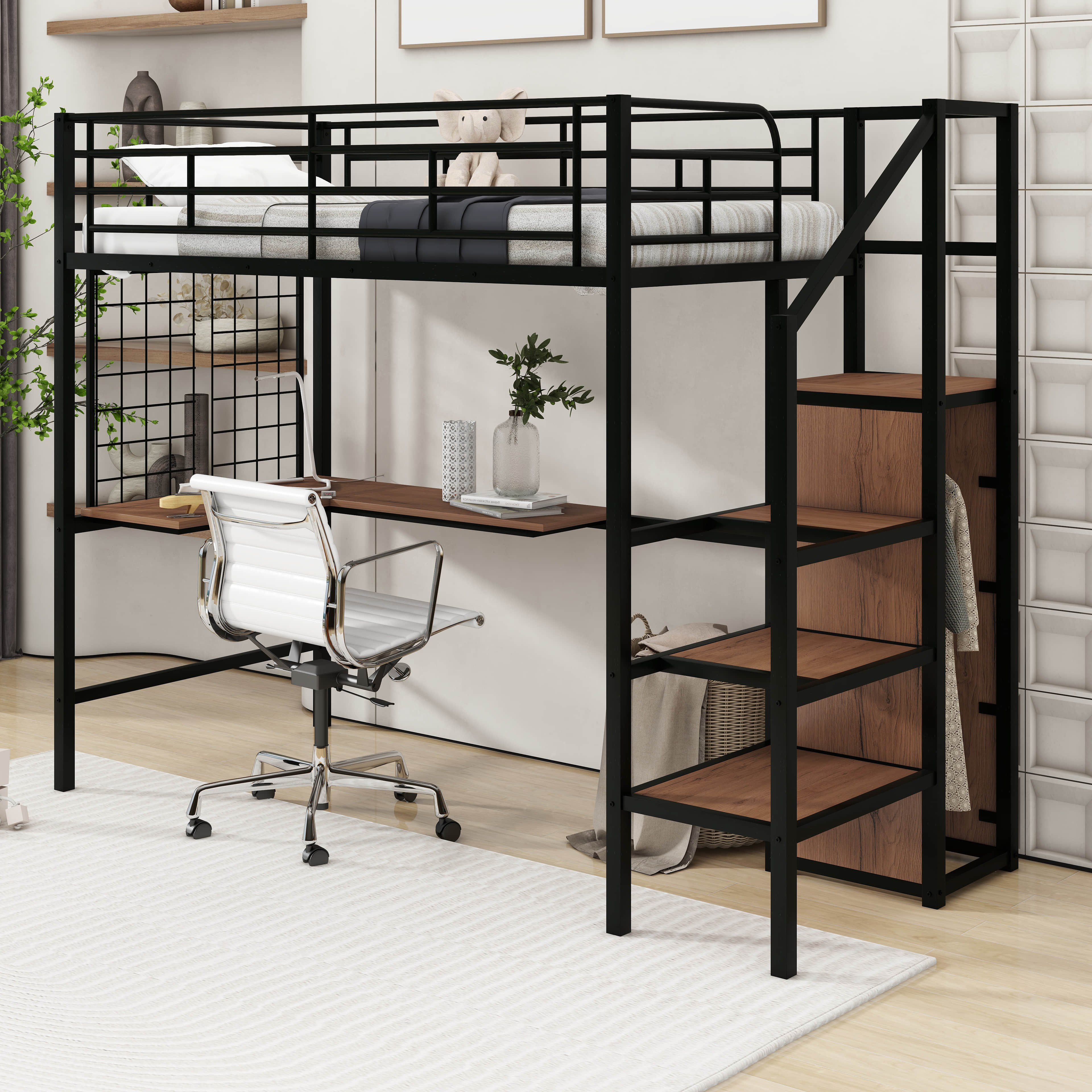 Mason & Marbles Lit mezzanine simple en métal avec bureau et grille en ...
