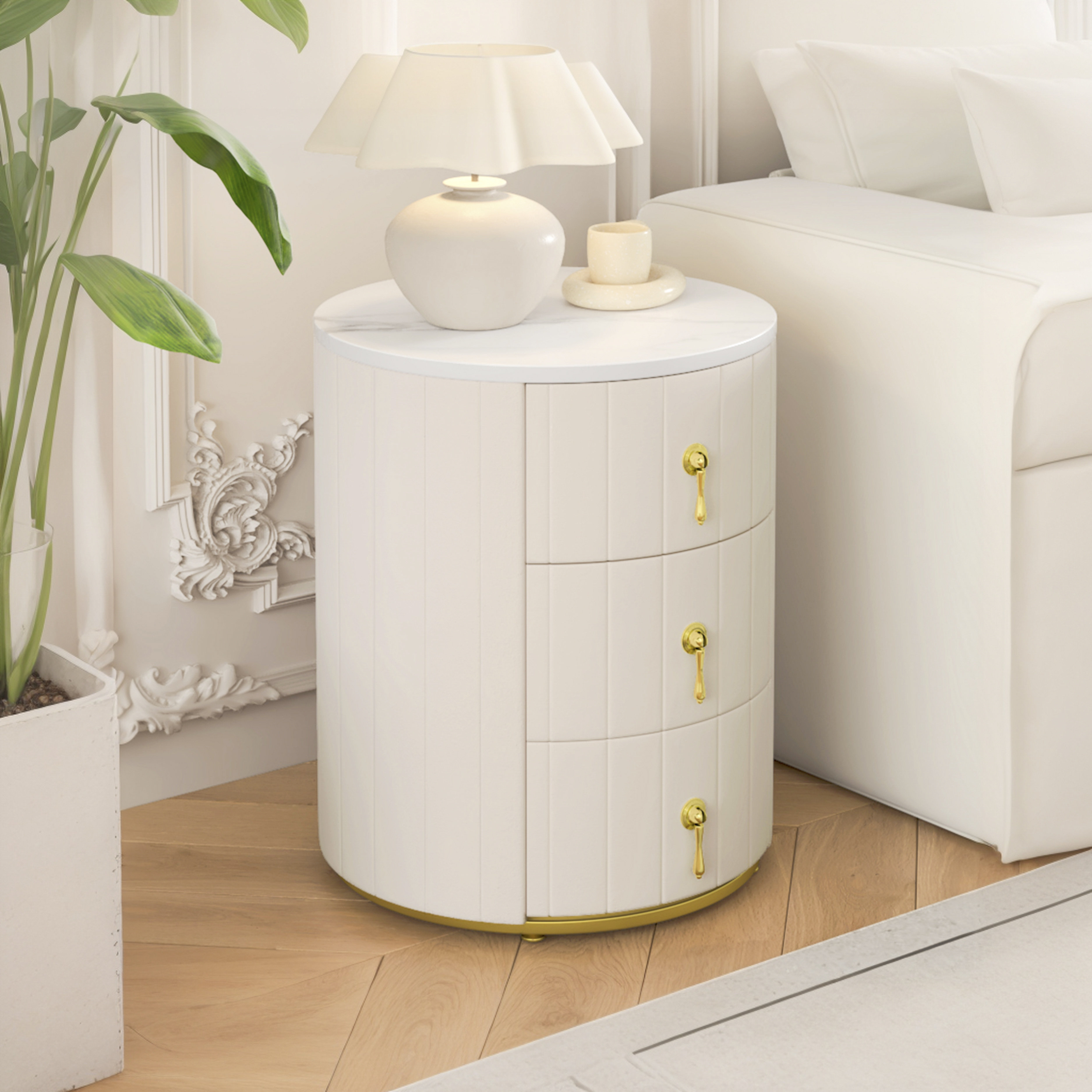 Heimo A Padded Bedside Table With 3 Drawers And A Round Bedside Table ...