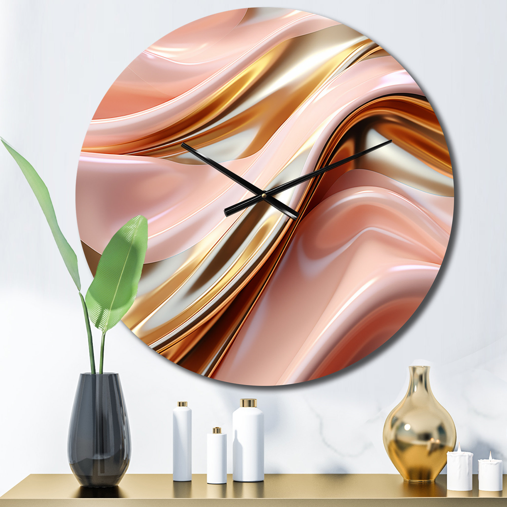 Design Art Pink And Gold Liquid Glam Wave Metal Wall Clock | Wayfair