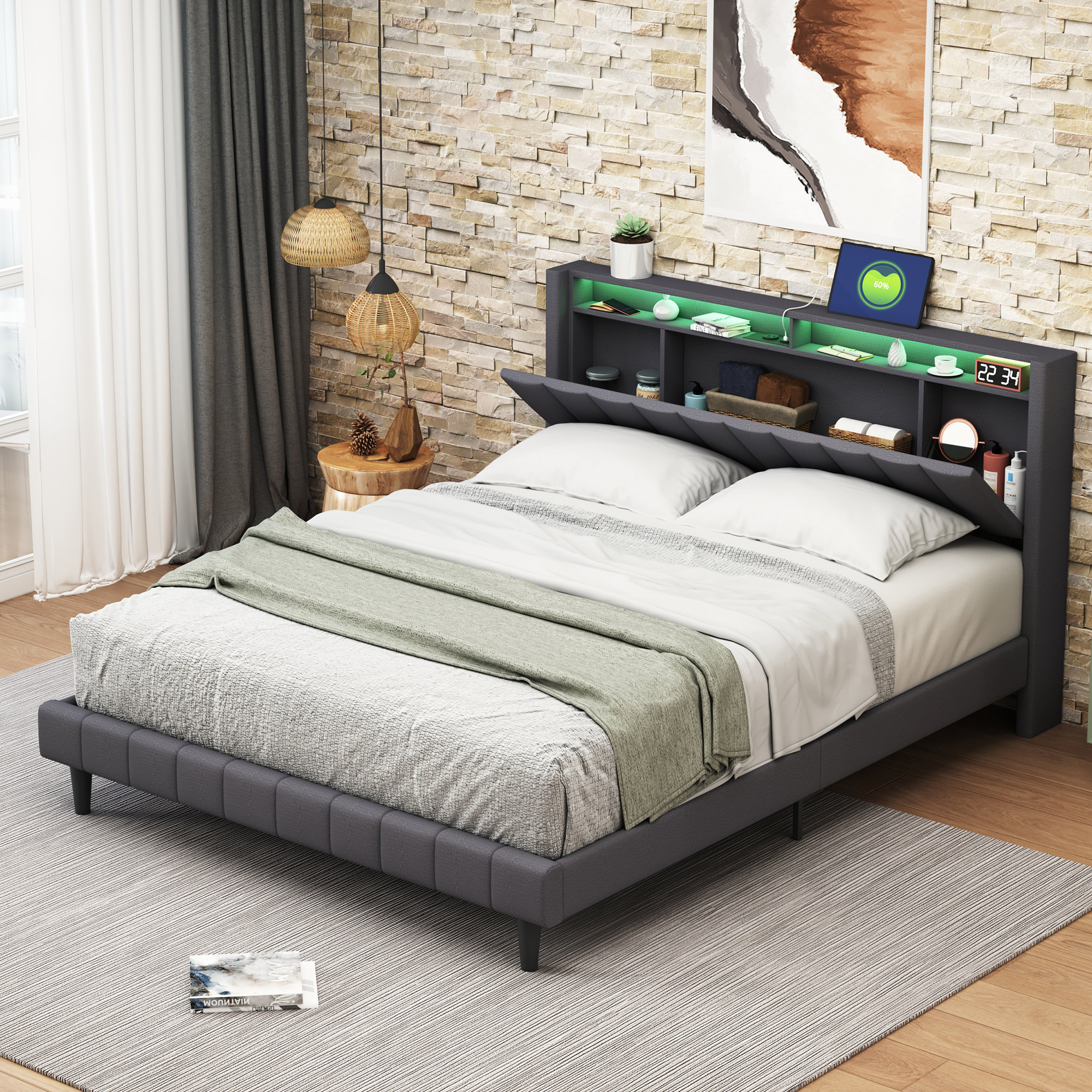 Chosui Dark Grey Fabric Bed Frame With LED Headboard, Open Storage ...