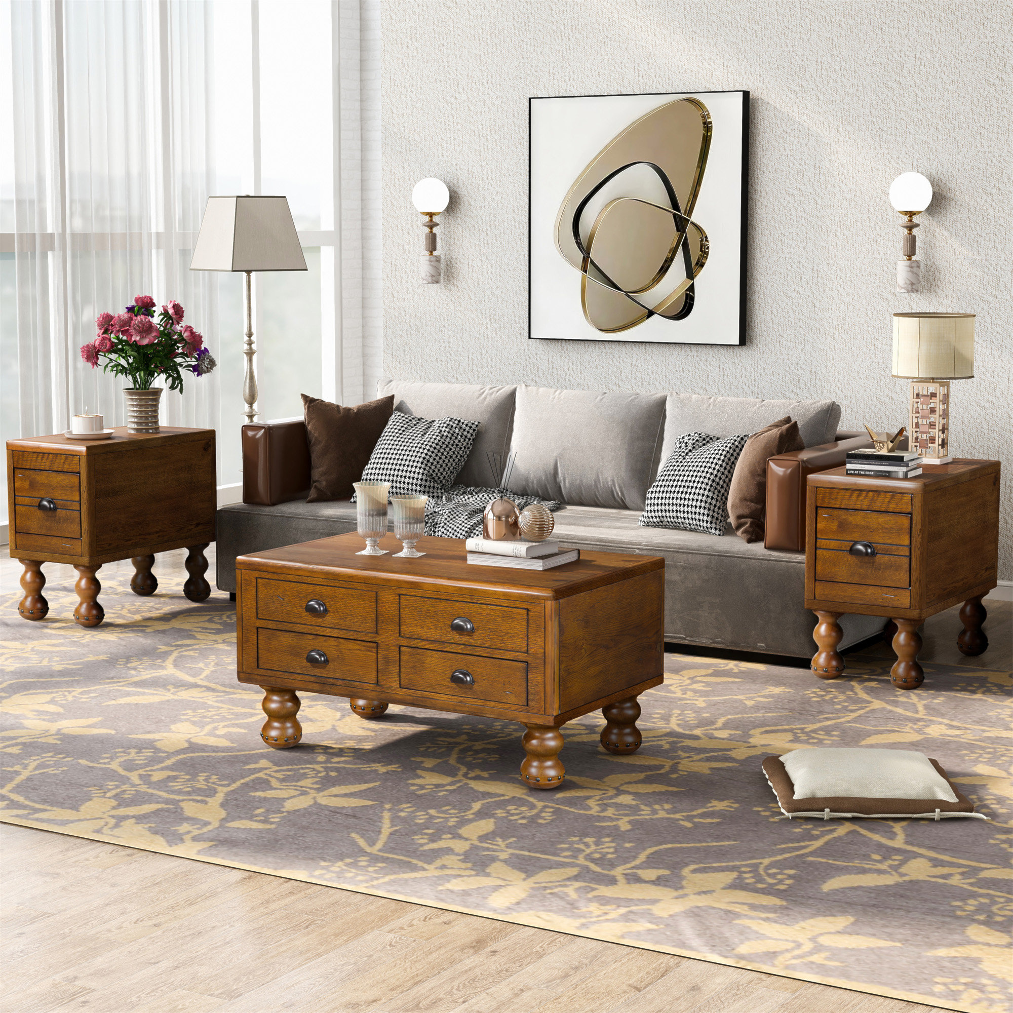Canora Grey Rectangle Living Room Coffee Table Set, 3-Piece Solid Wood ...