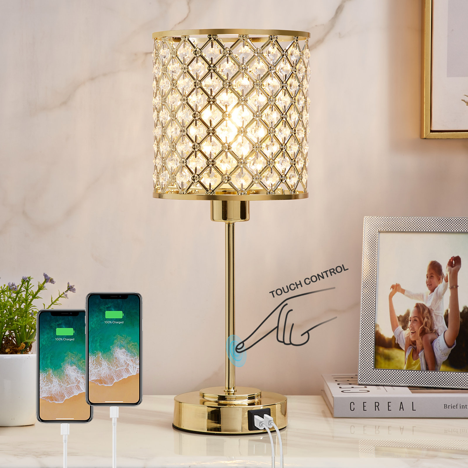 Mercer41 Farlotta Crystal Table Lamp with Dual USB Charging Ports 3 Way ...