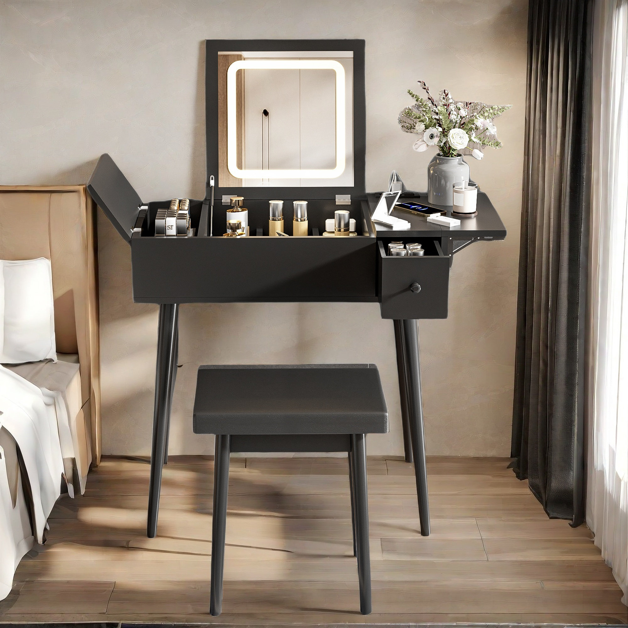 Ivy Bronx Makeup Vanity Desk With Flip Top Mirror And Led Light ...