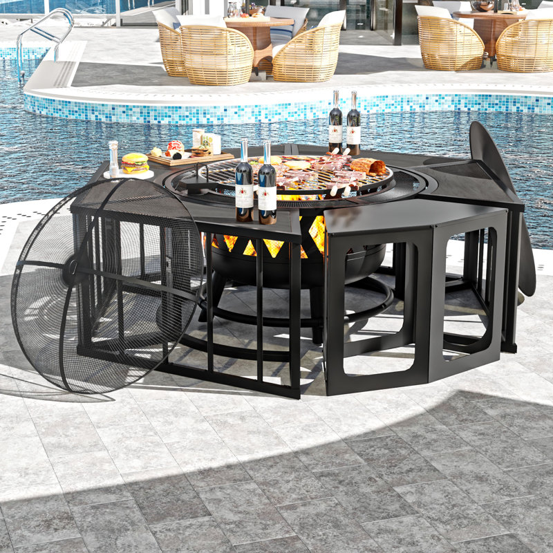 17 Stories Safila 18'' H x 59'' W Steel Outdoor Fire Pit Table with Lid ...